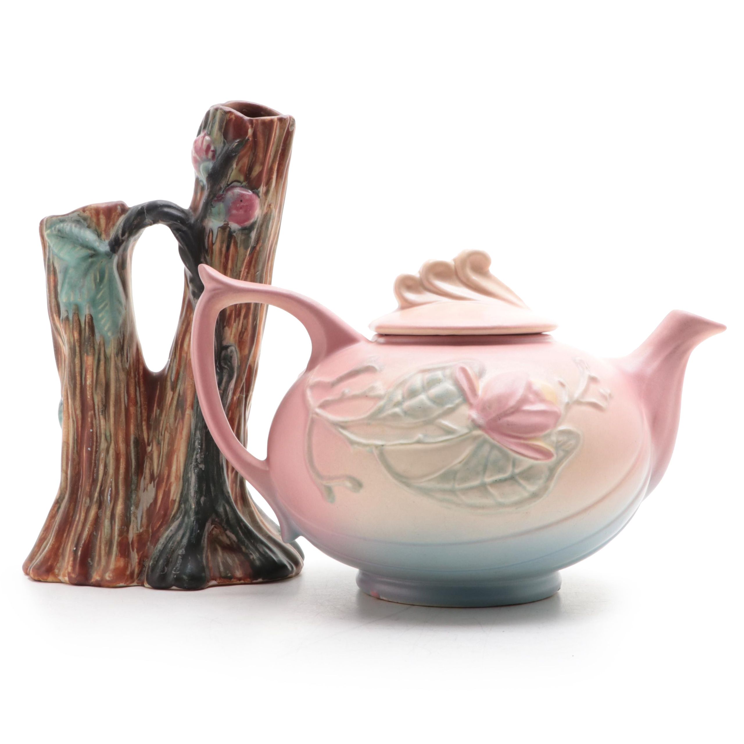 Weller Pottery Tree Vase with Hull Pottery "Magnolia" Teapot, Early/Mid ...