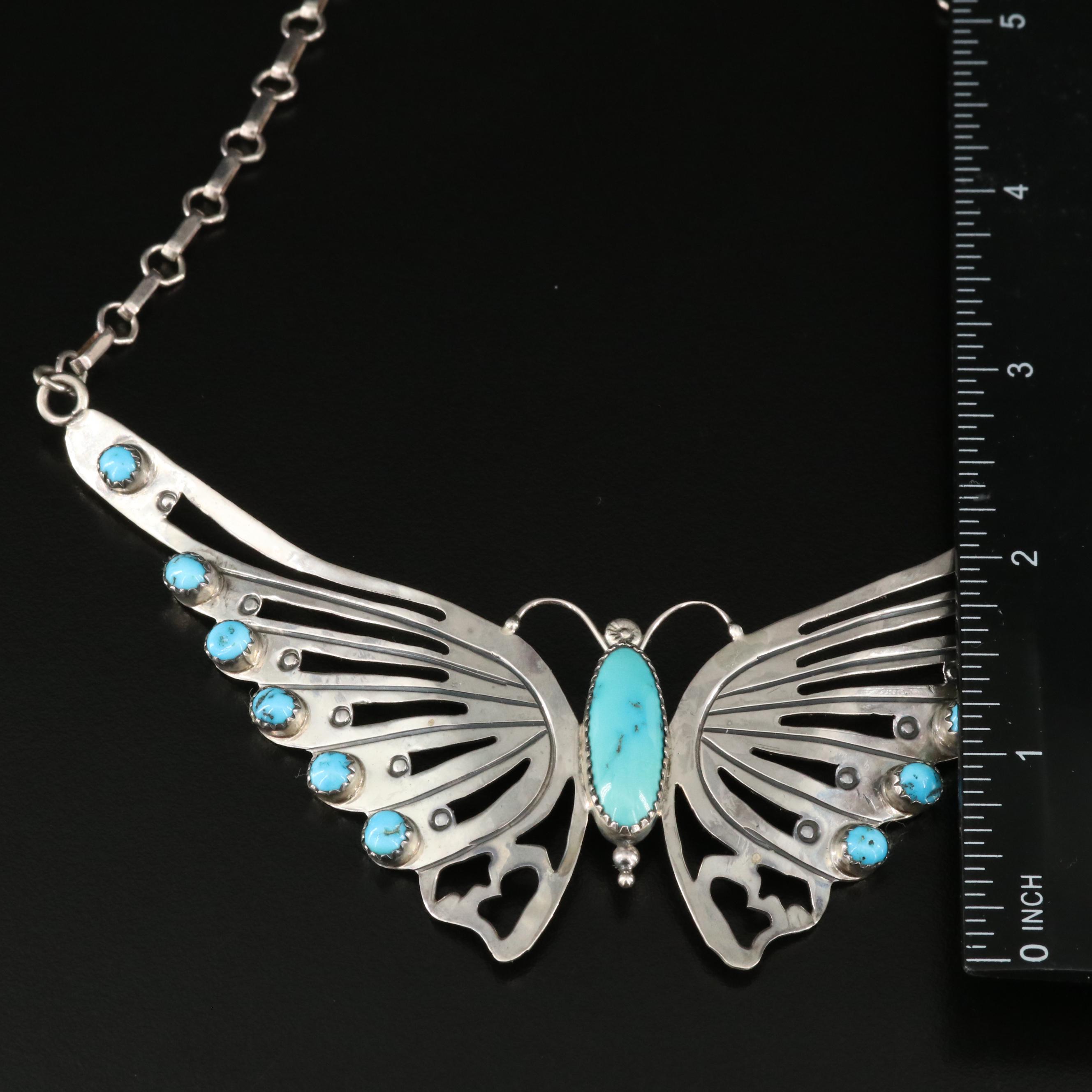 Signed Sarah Dickens Navajo Diné Sterling Turquoise Butterfly Necklace ...