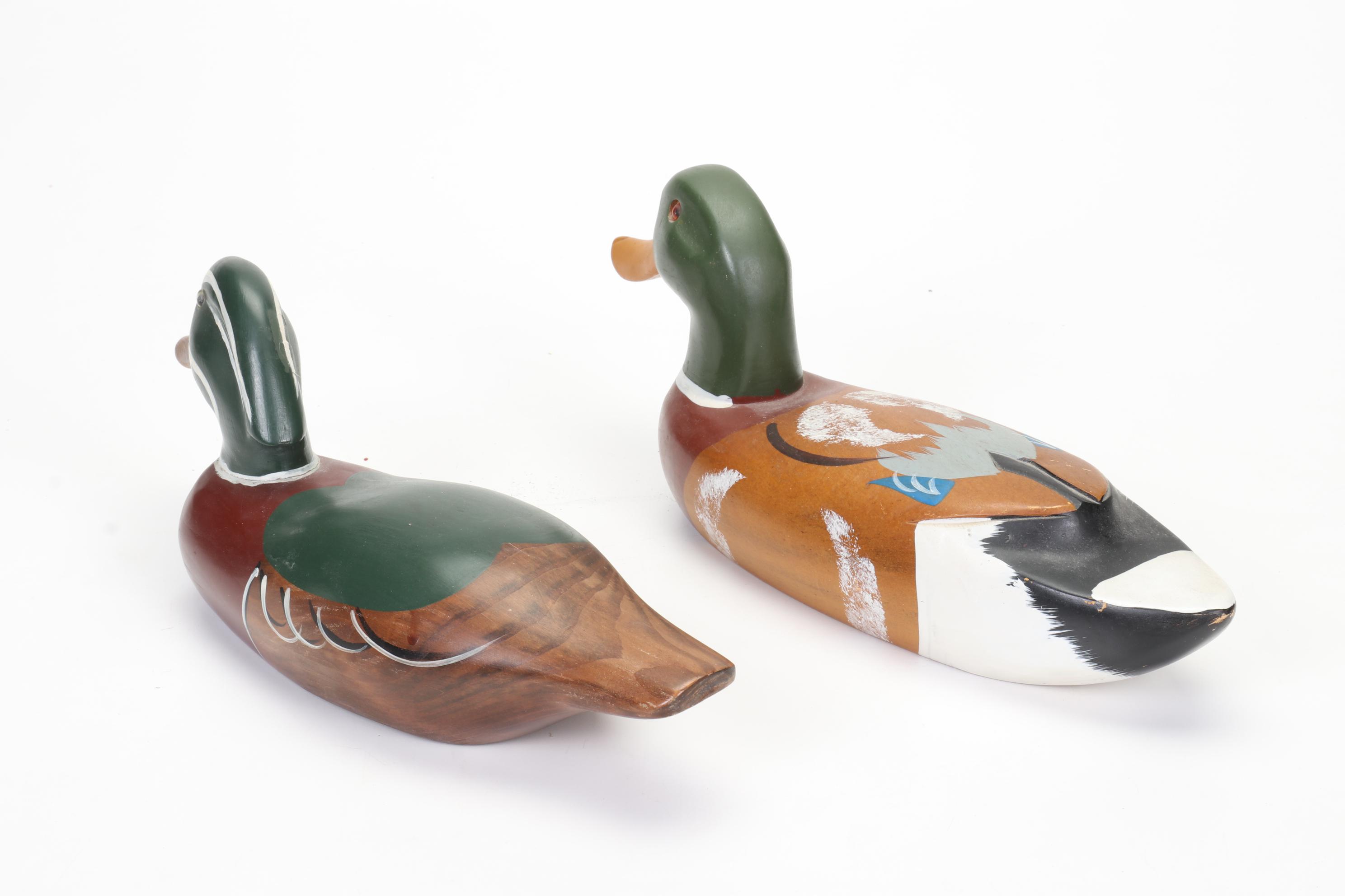 Hand-Painted Wooden Duck Decoys, Handwoven Pine Needles and Cane Basket ...