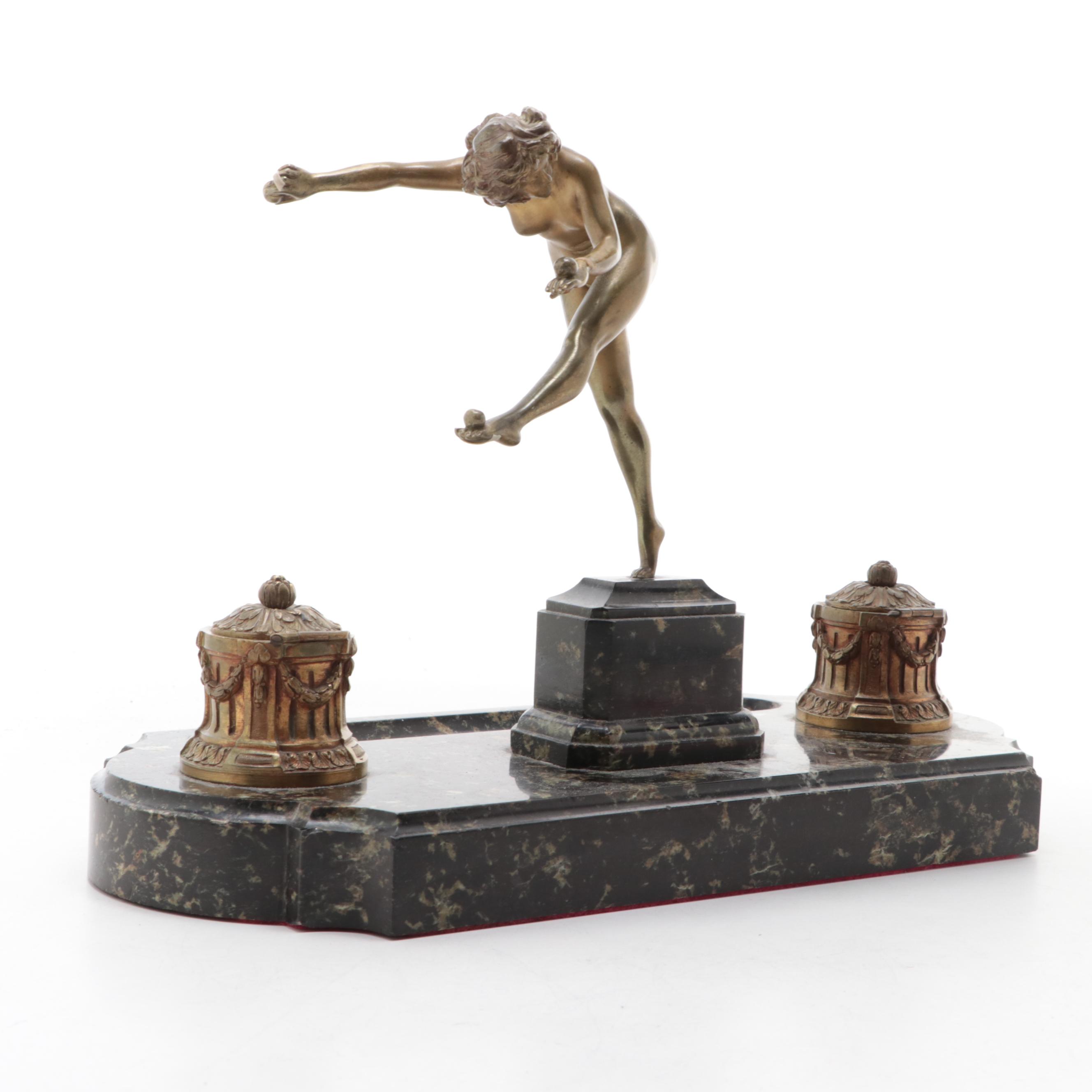 Art Deco Bronze and Marble Double Inkwell After C.J. Colinet's "Juggler ...