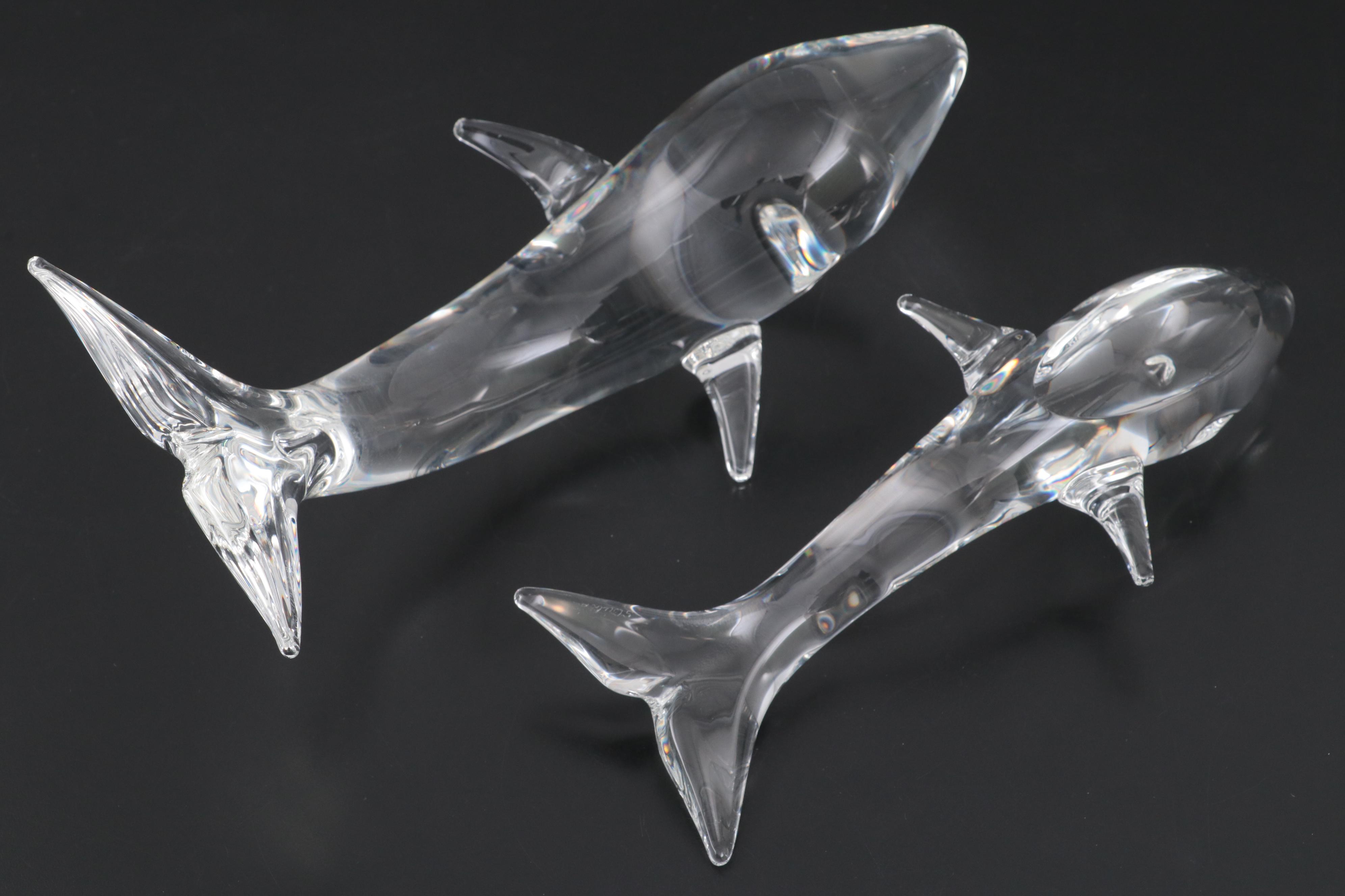 Steuben Art Glass "Blue Whale Mother" and "Blue Whale Calf" Figurines ...
