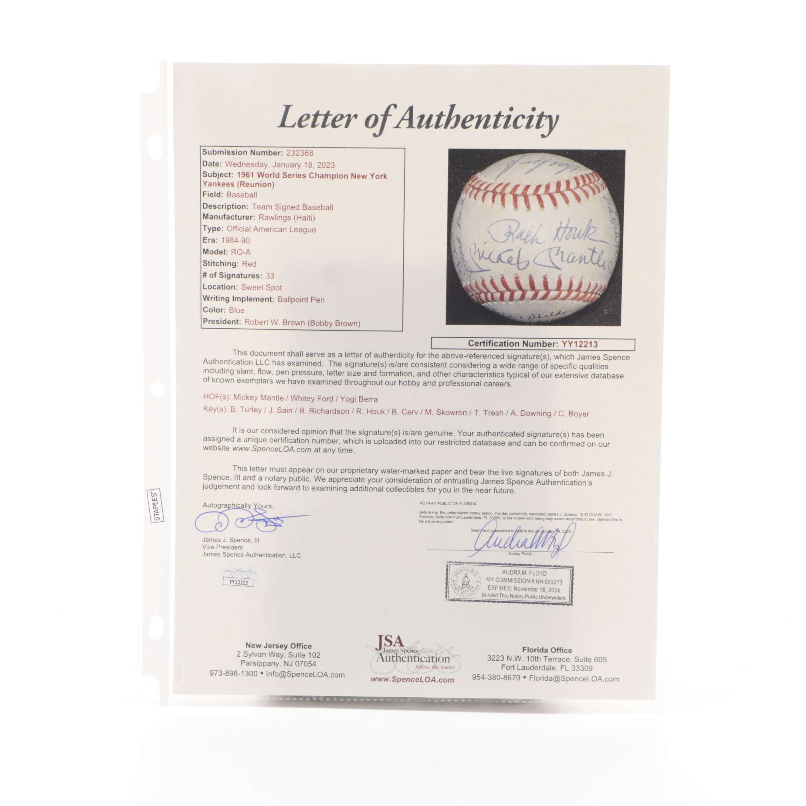 1961 New York Yankees Team Reunion Signed Rawlings Baseball Including ...
