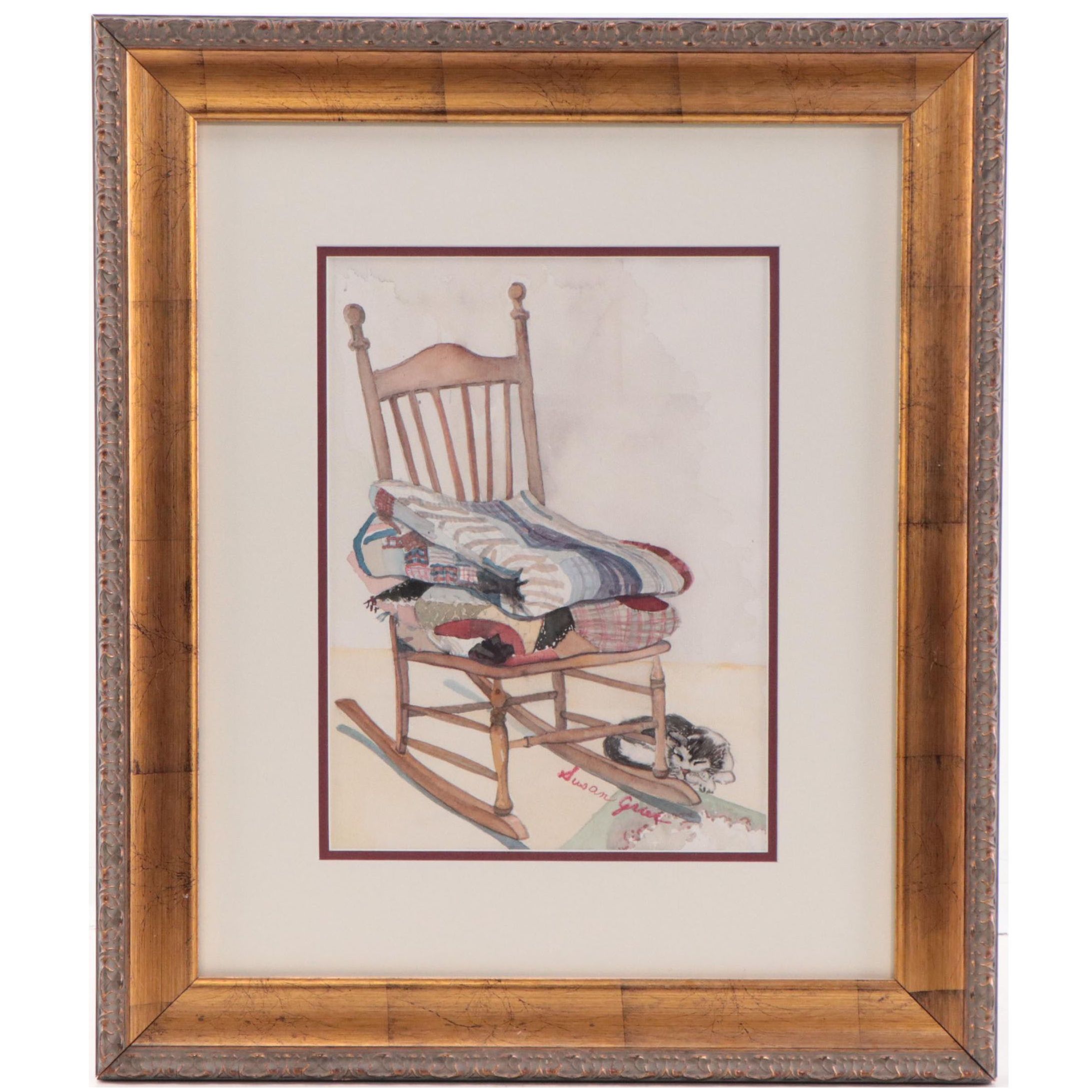 Susan Grier Watercolor Painting of Rocking Chair and Folded Quilts ...