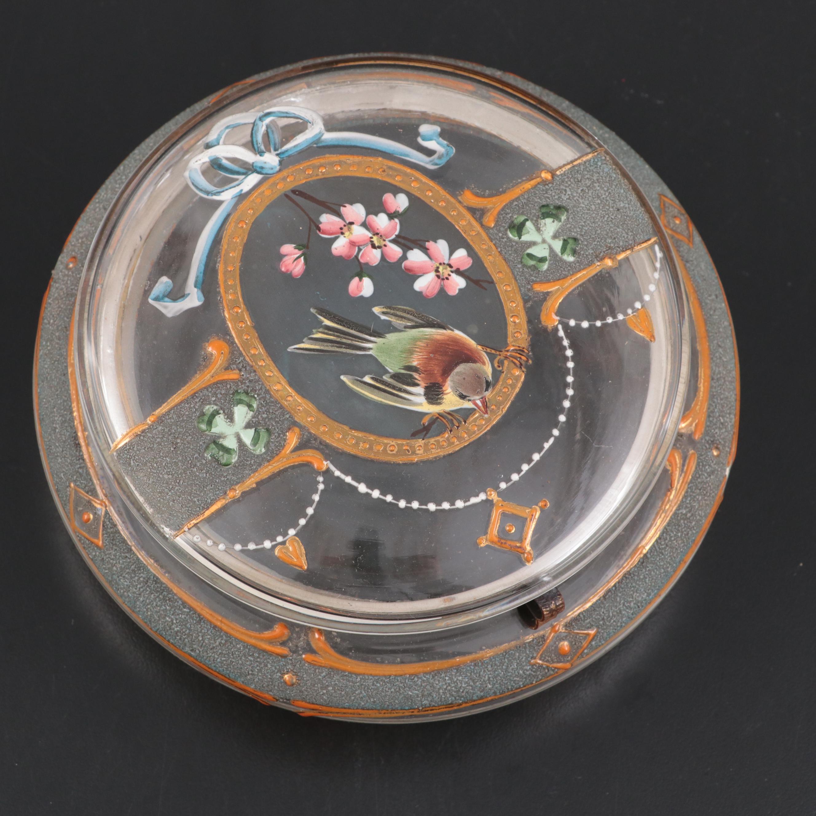 European Hand-Painted Enamel Glass Dresser Jar, Late 19th Century | EBTH