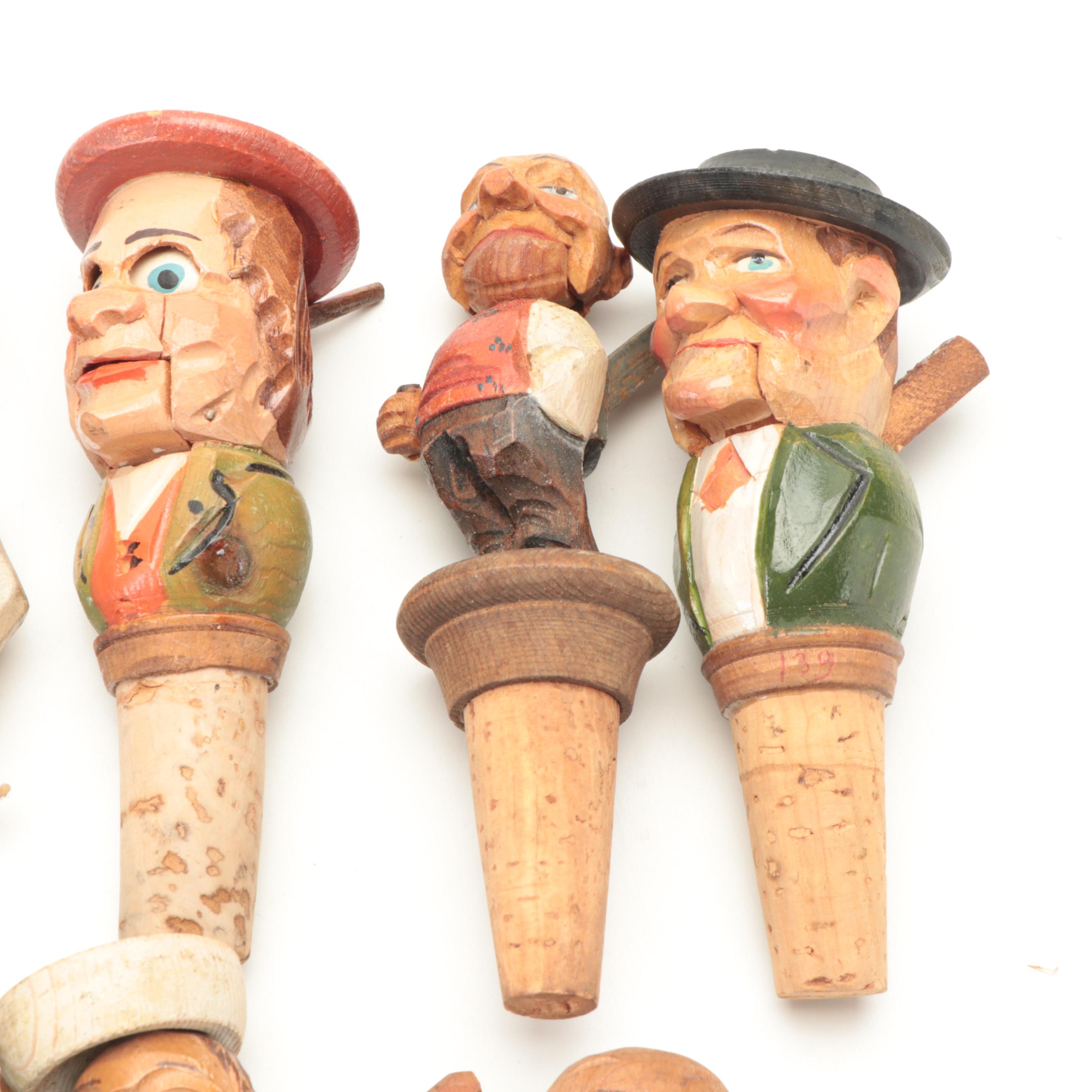 Anri Hand-Painted Carved Wood Mechanical and Figural Bottle Stoppers | EBTH