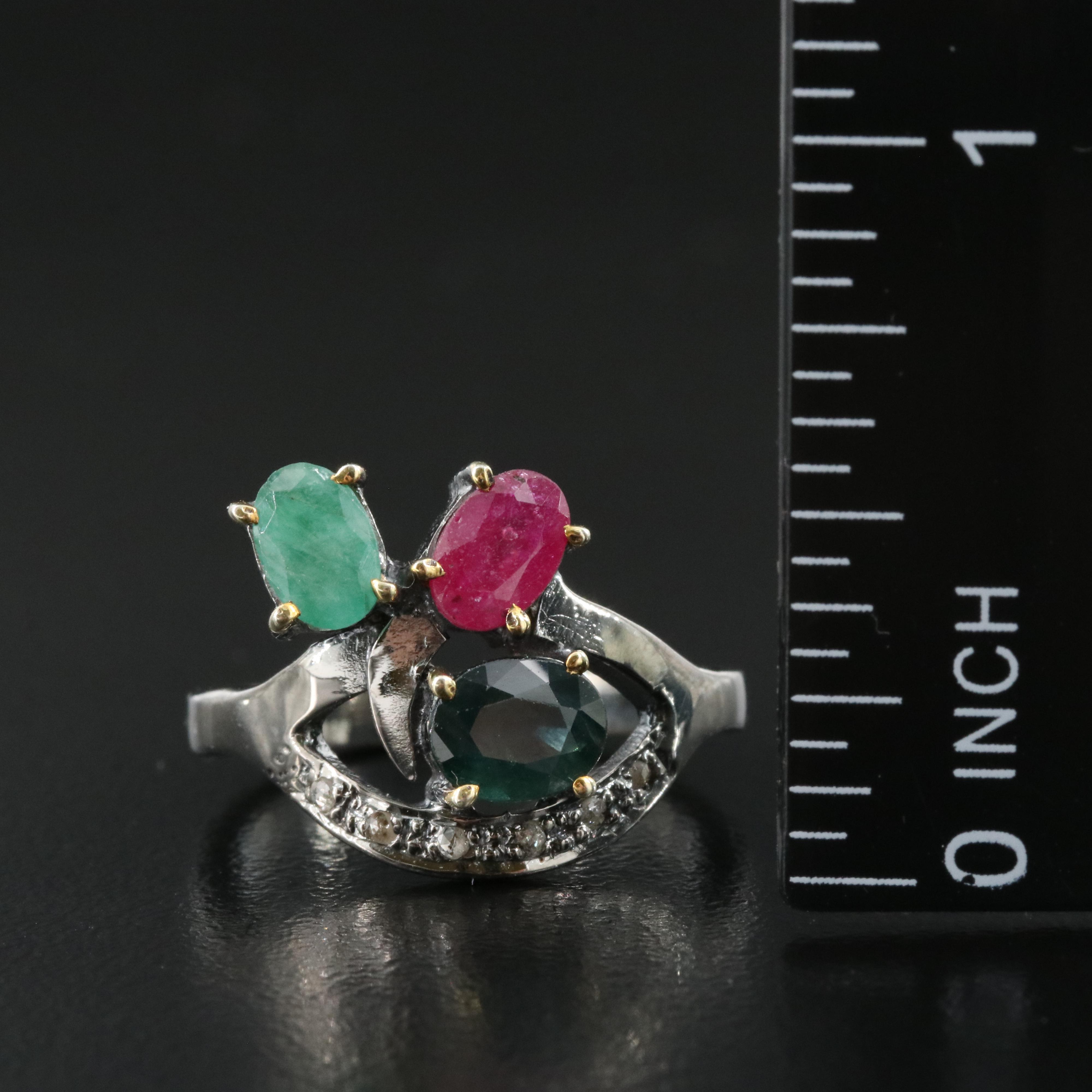 Sterling Sapphire, Ruby and Emerald Ring | EBTH