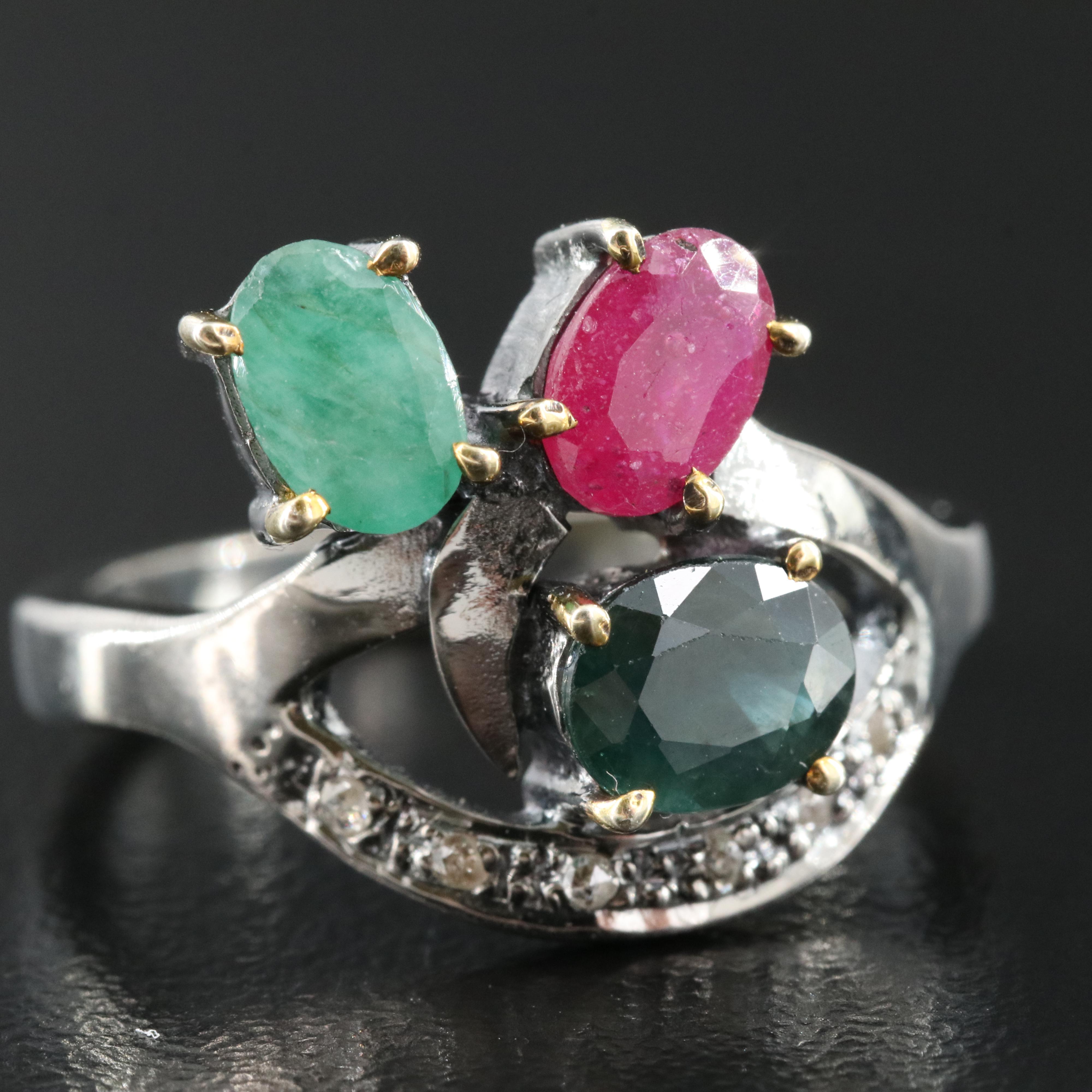 Sterling Sapphire, Ruby and Emerald Ring | EBTH