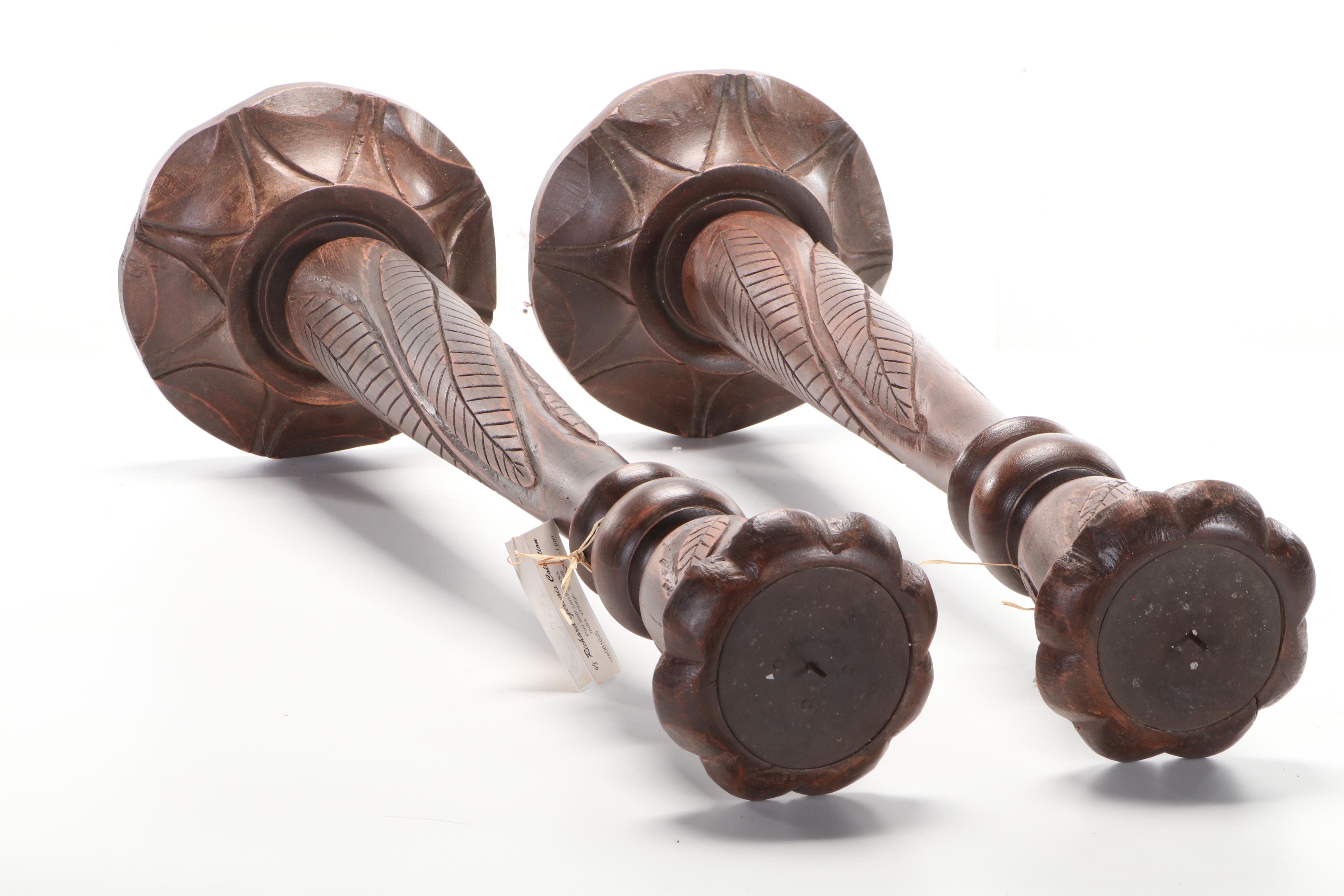 Pair of Indian Carved Teak Pricket Floor Candlesticks | EBTH