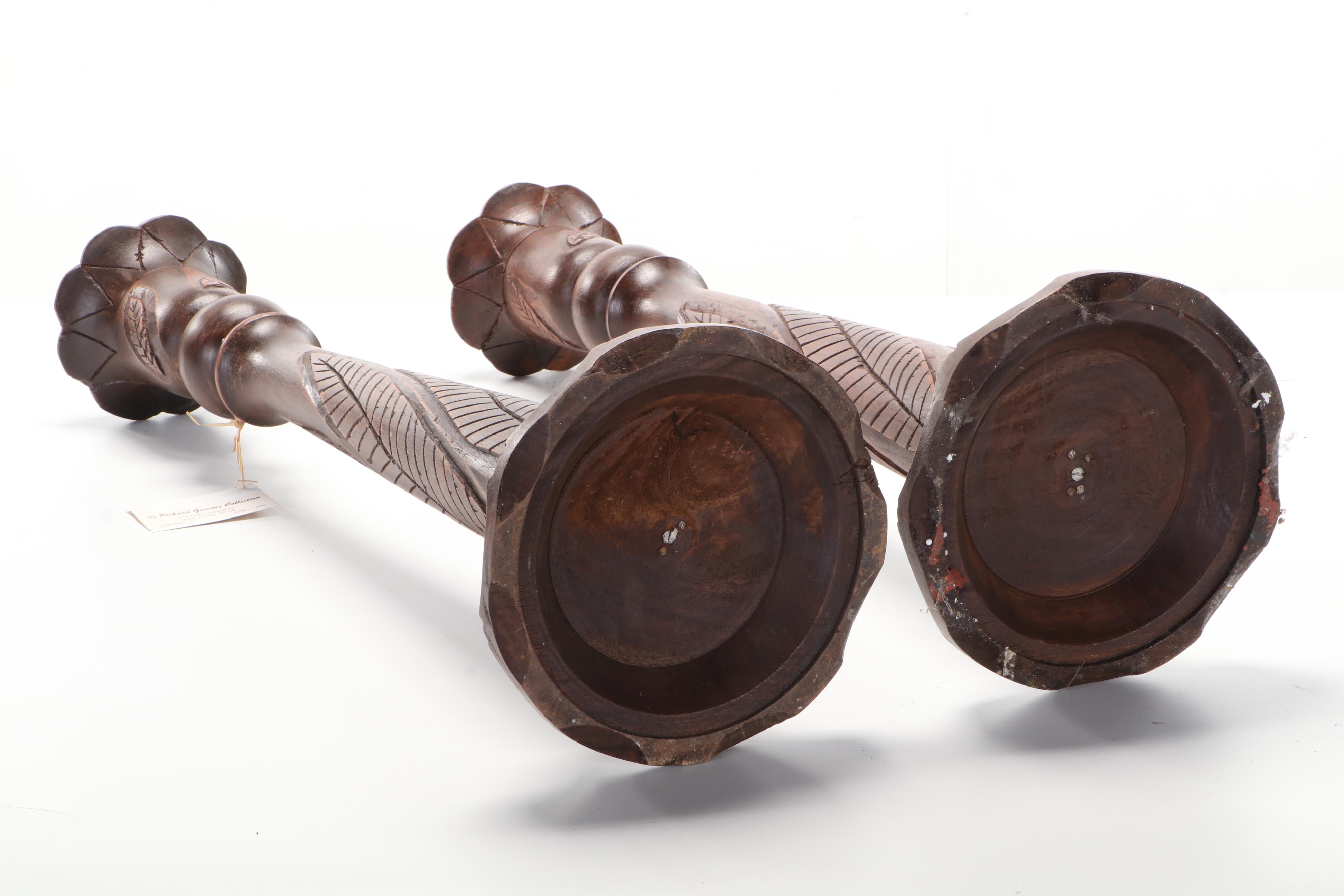 Pair of Indian Carved Teak Pricket Floor Candlesticks | EBTH