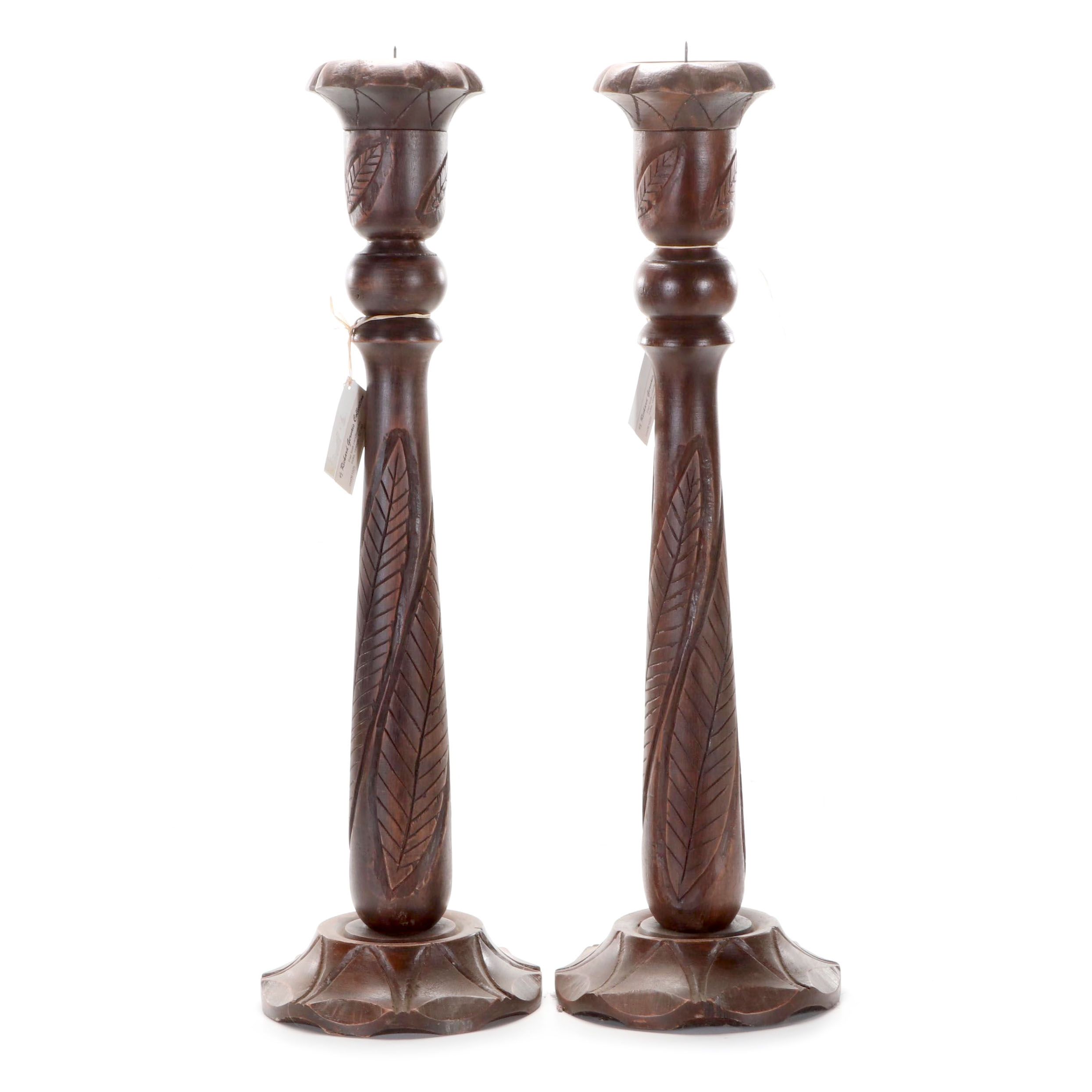 Pair of Indian Carved Teak Pricket Floor Candlesticks | EBTH