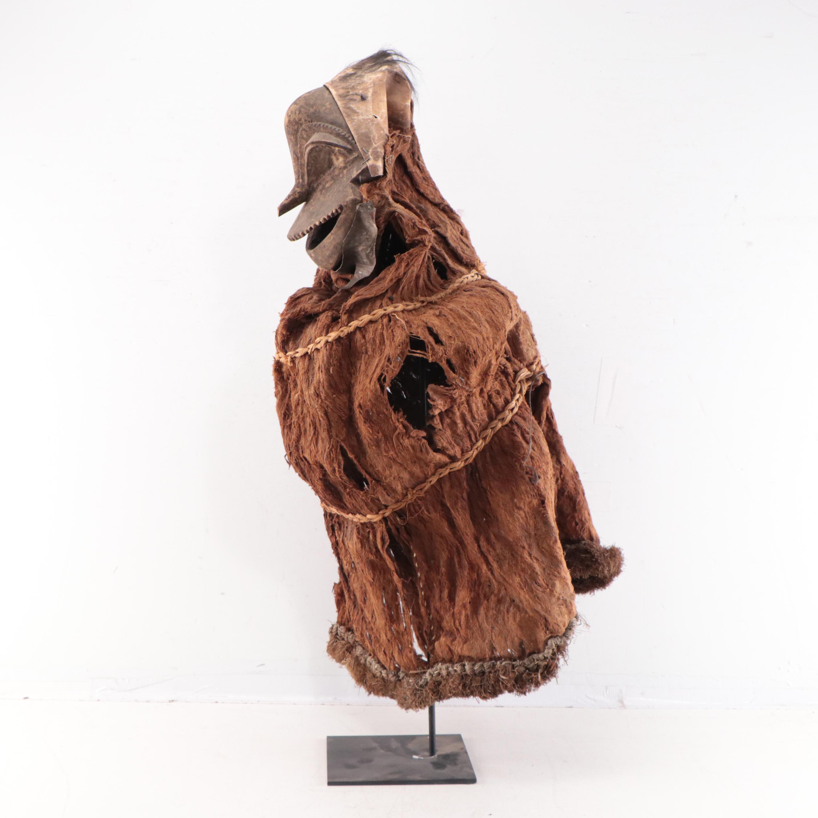 Hemba Carved Wood Soko Mutu Chimpanzee Mask and Cape | EBTH