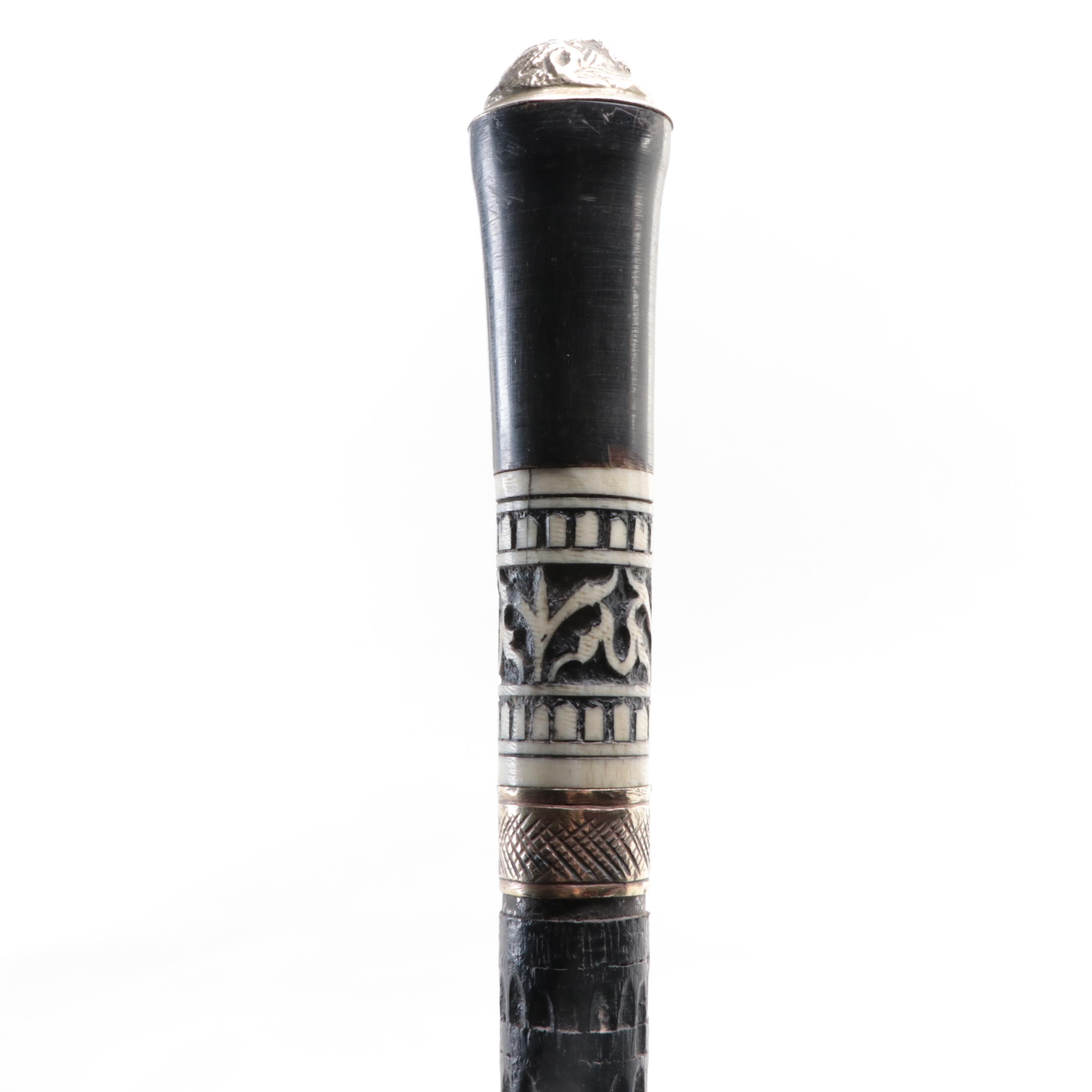 Middle Eastern Carved Bone and Ebonized Walking Stick with Lion Mask | EBTH