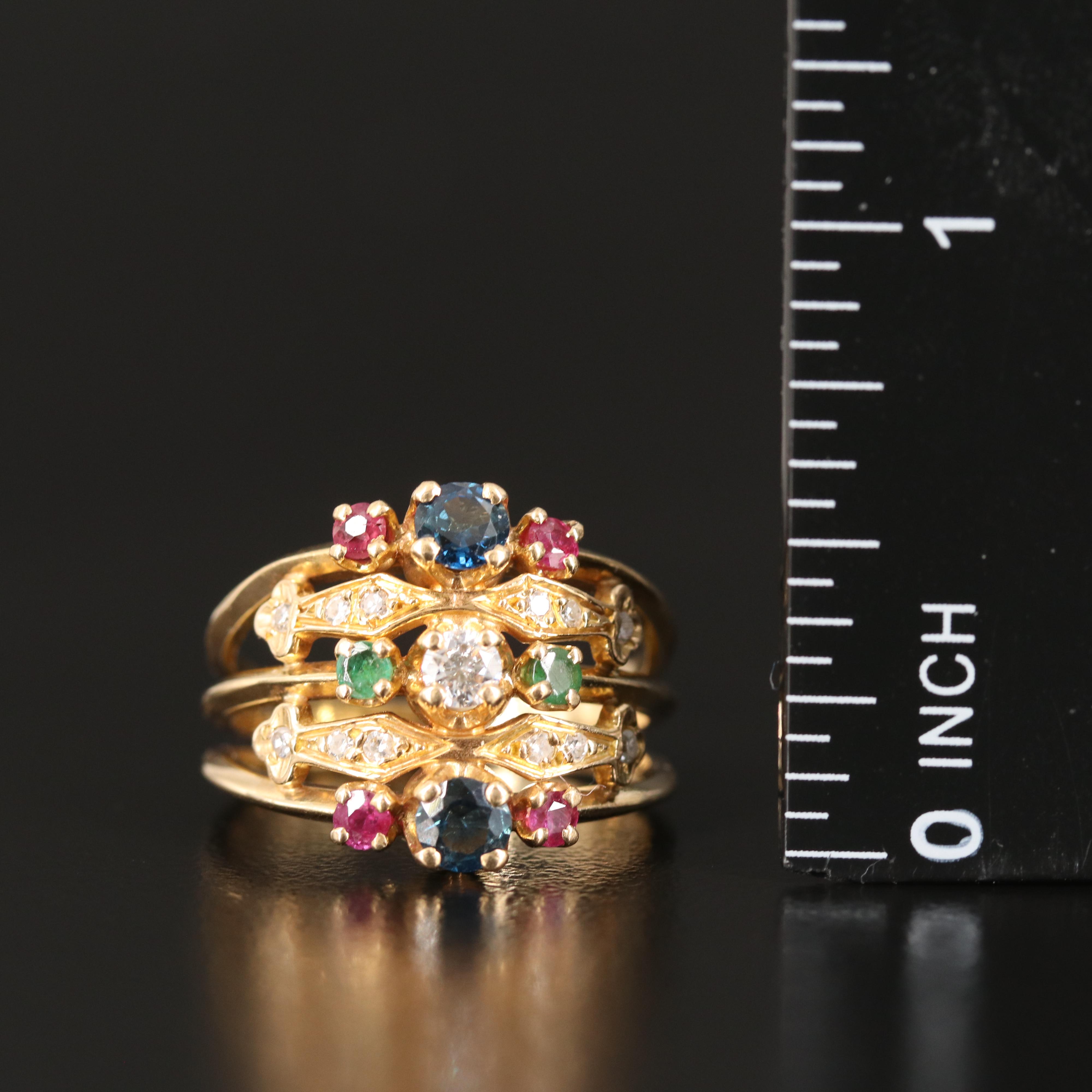 18K Multi Row Sapphire, Ruby and Emerald Ring with Diamond Accents | EBTH