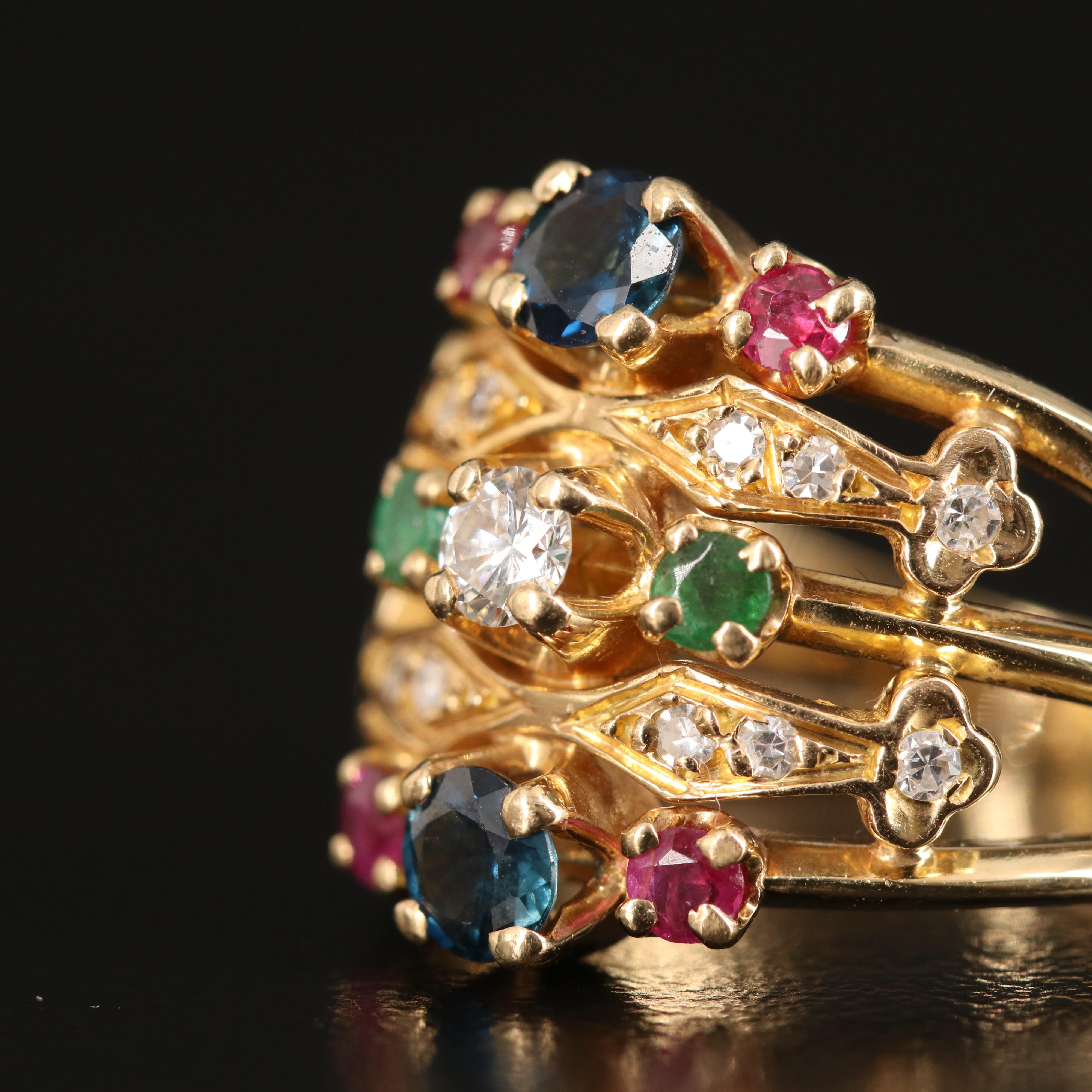 18K Multi Row Sapphire, Ruby and Emerald Ring with Diamond Accents | EBTH