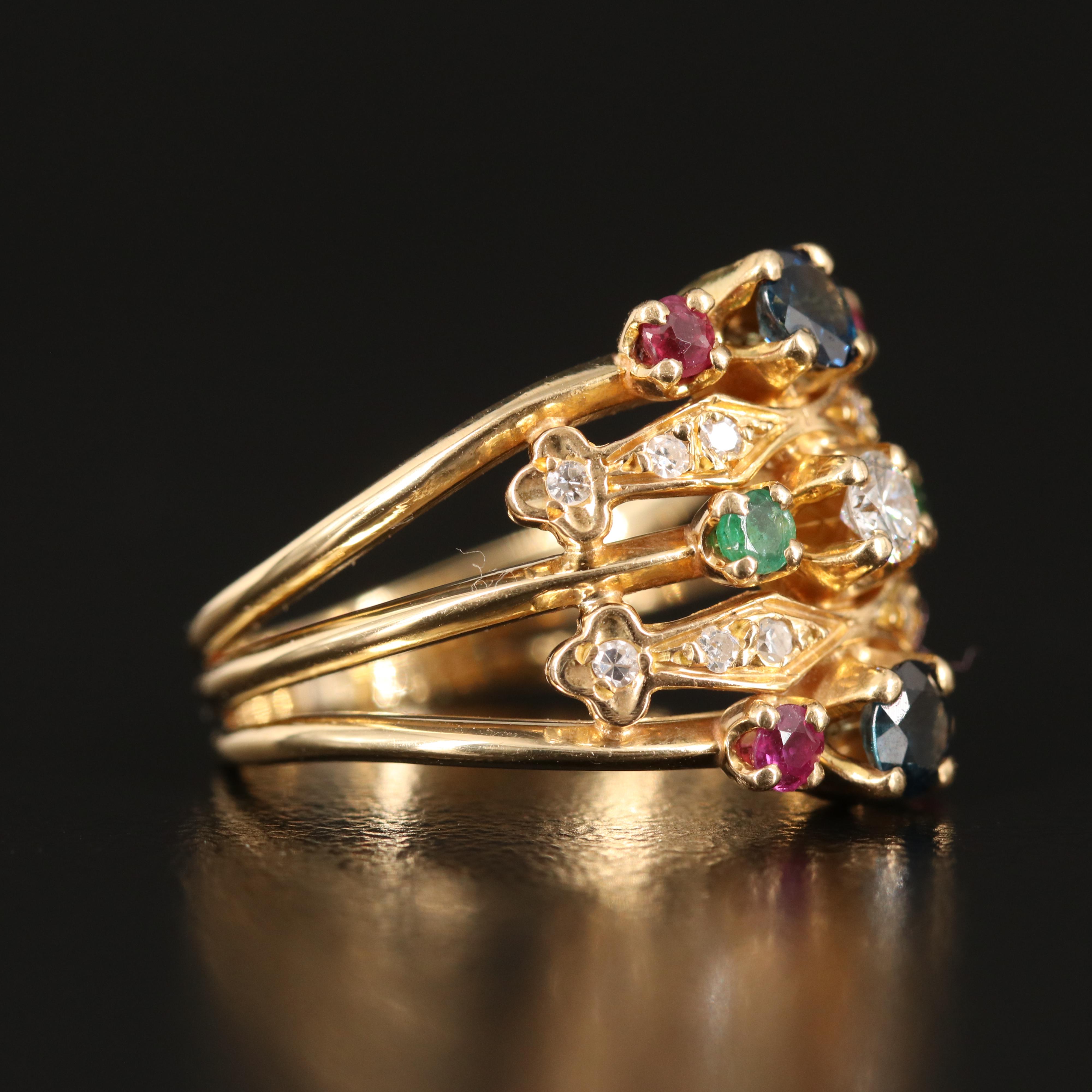 18K Multi Row Sapphire, Ruby and Emerald Ring with Diamond Accents | EBTH