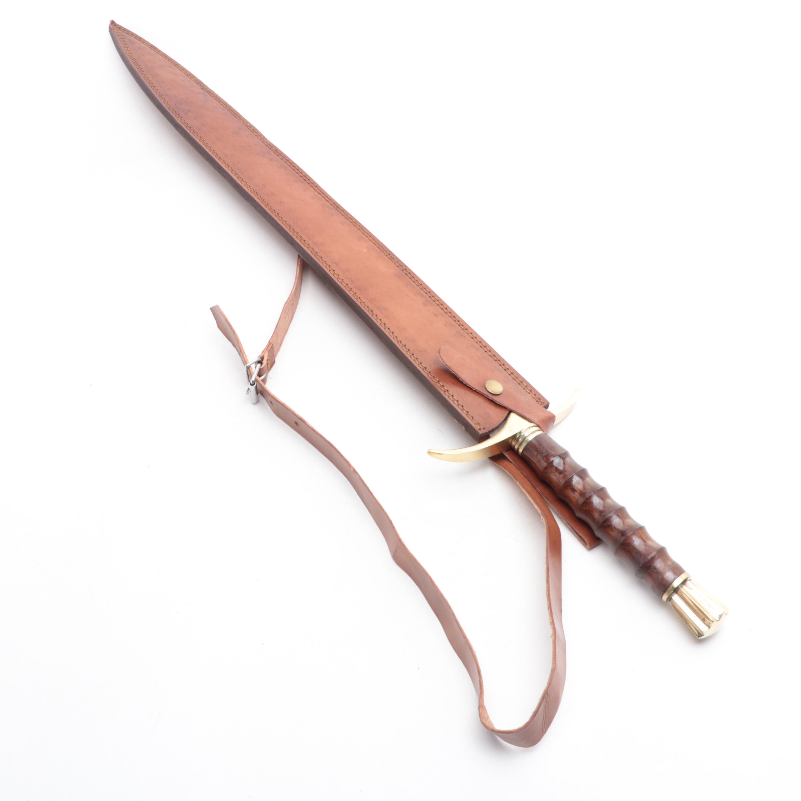 Damascus Steel and Carved Wood Handle Short Sword with Back Scabbard | EBTH