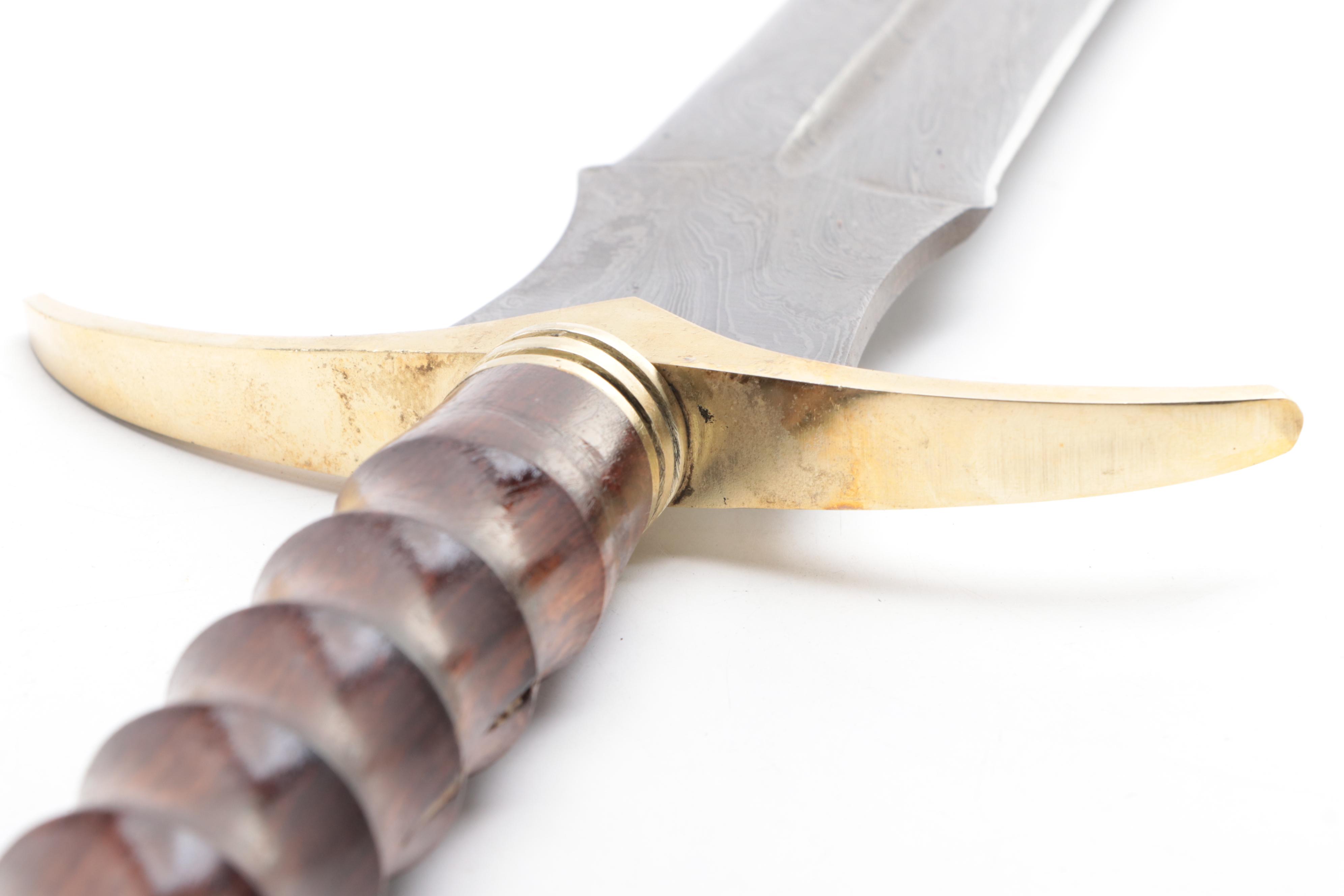 Damascus Steel and Carved Wood Handle Short Sword with Back Scabbard | EBTH