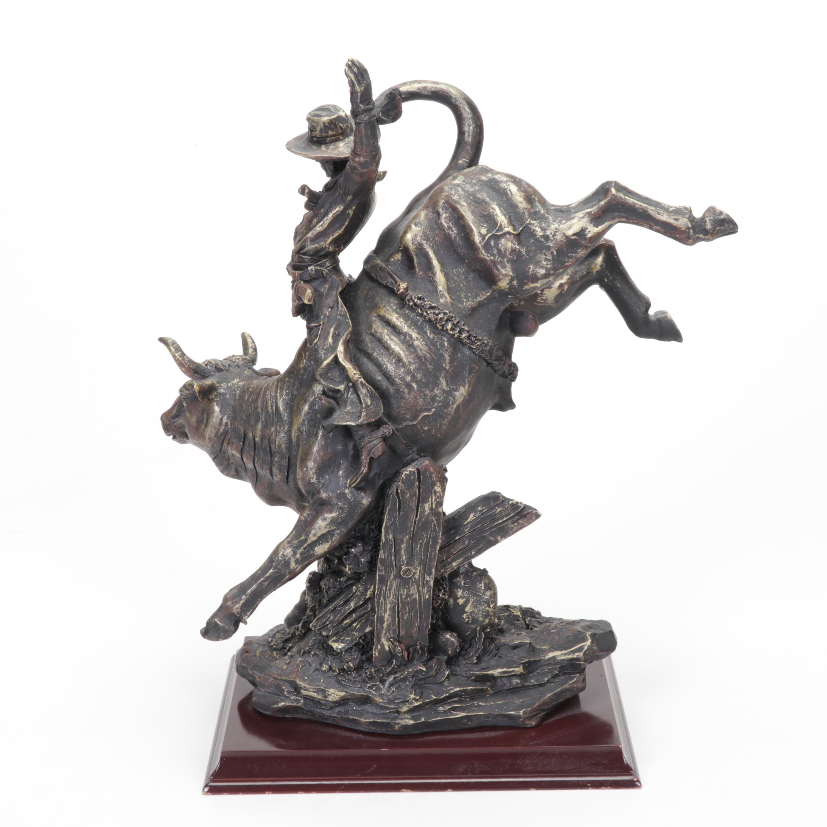 Western Rodeo Bull Rider Cowboy Figurine and Glass Buffalo Paperweight ...