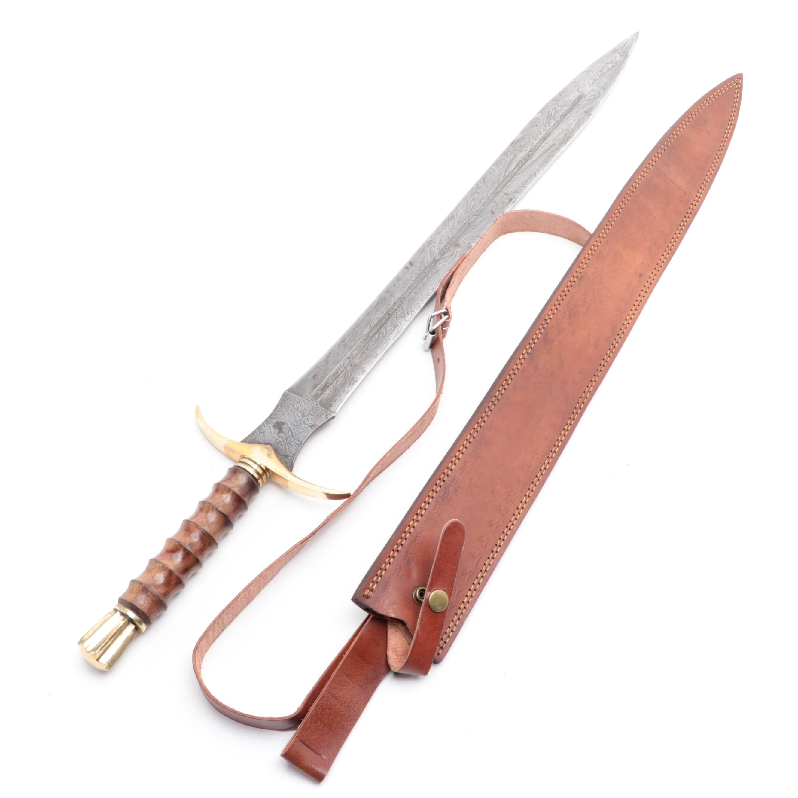 Damascus Steel and Carved Wood Handle Short Sword with Back Scabbard | EBTH