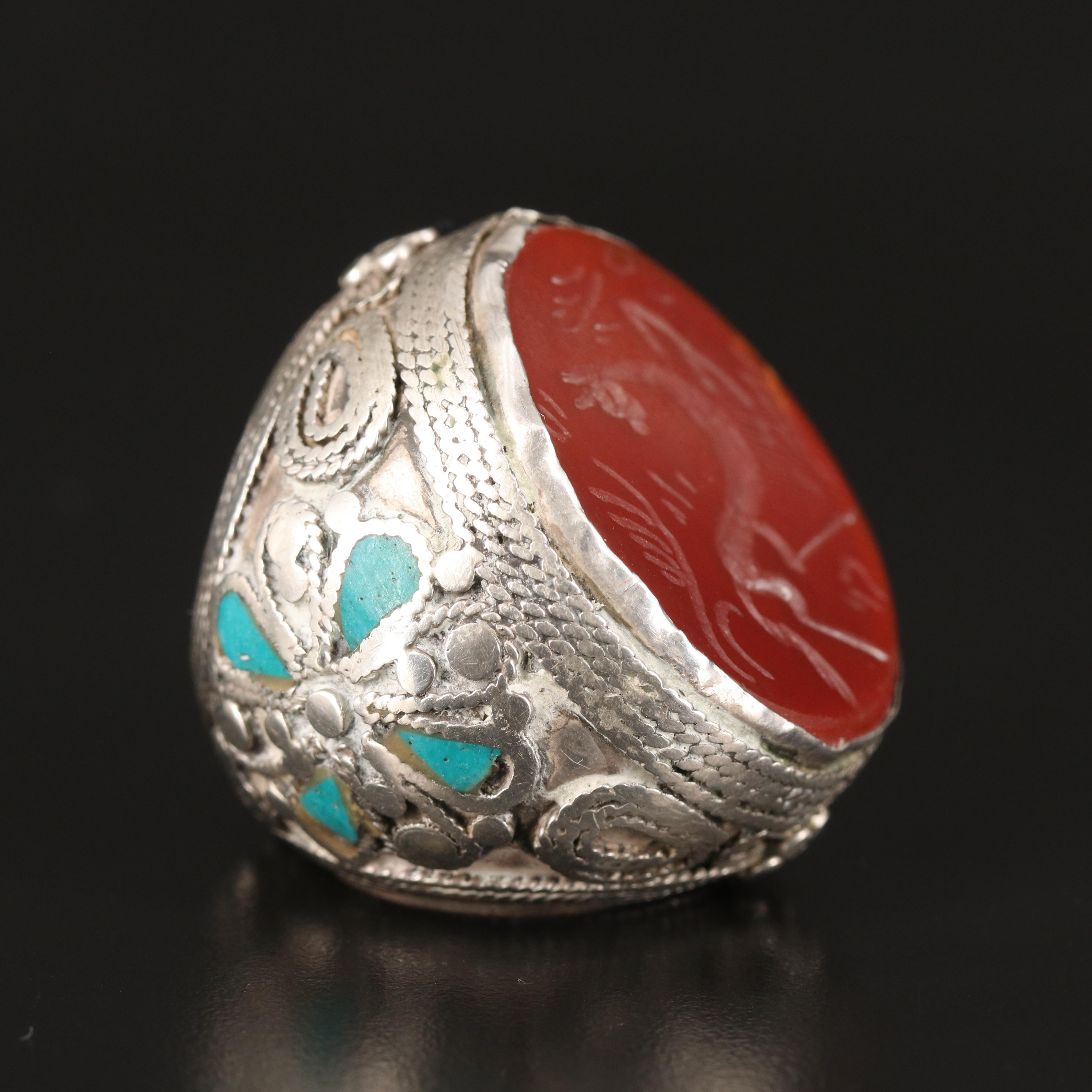 Afghan Mughal Intaglio Ring Depicting the Bactrian Deer in 850 Silver ...