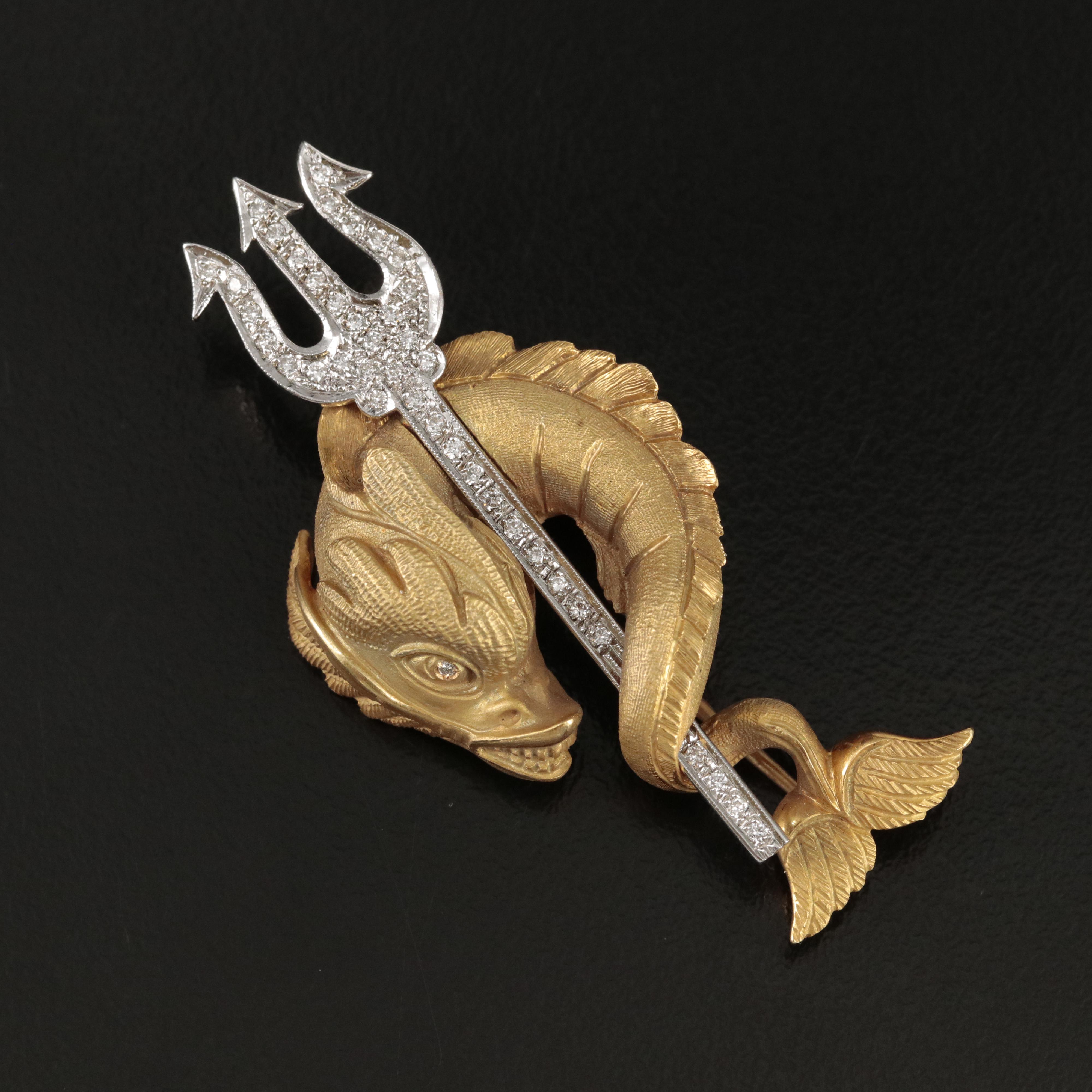 18K Two-Tone 0.29 CTW Diamond Sea Dragon with Trident Brooch | EBTH