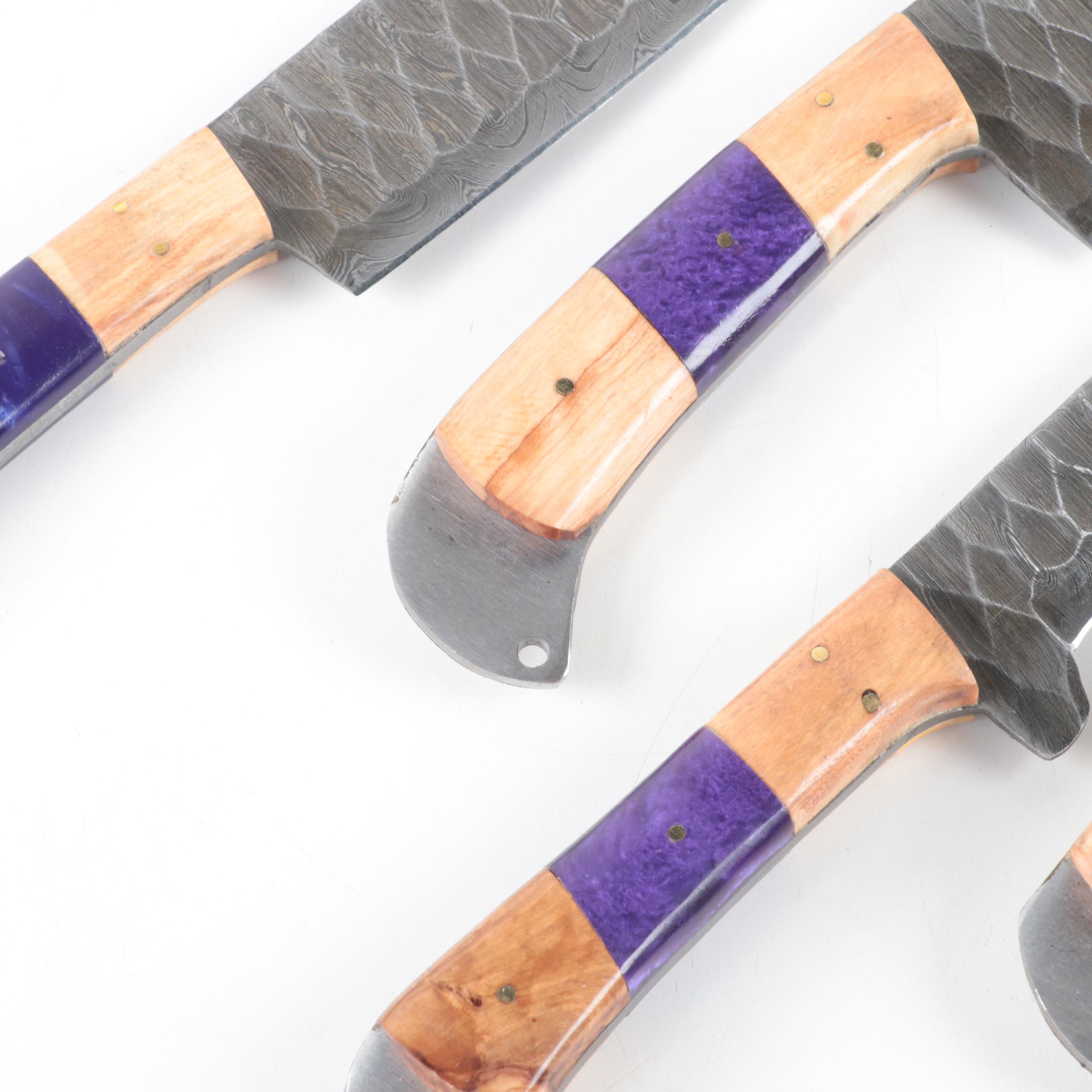 Damascus Steel and Wooden Handled Chef's Knives with Knife Roll | EBTH