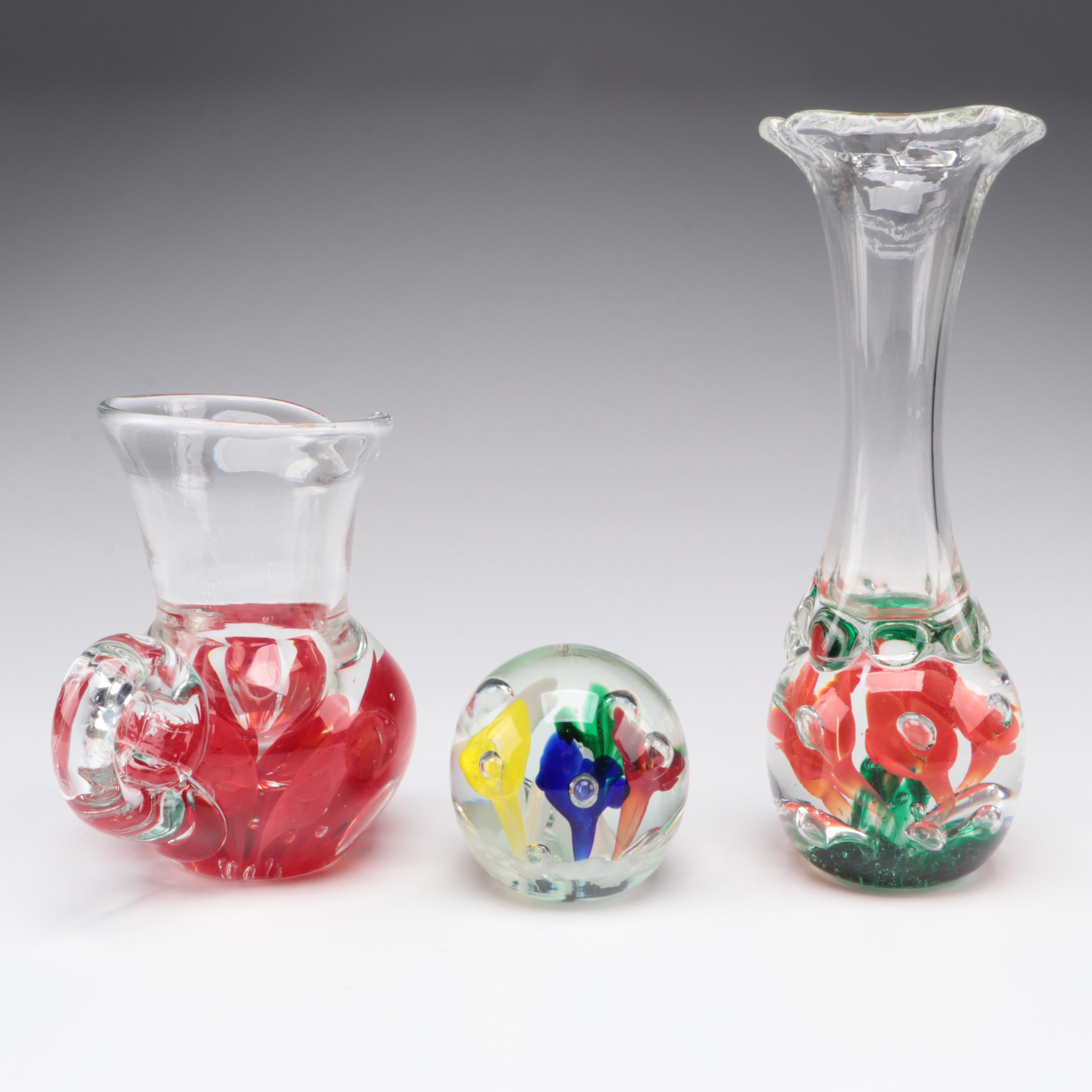 Joe St. Clair Paperweight and Pitcher with Other Art Glass Vase | EBTH