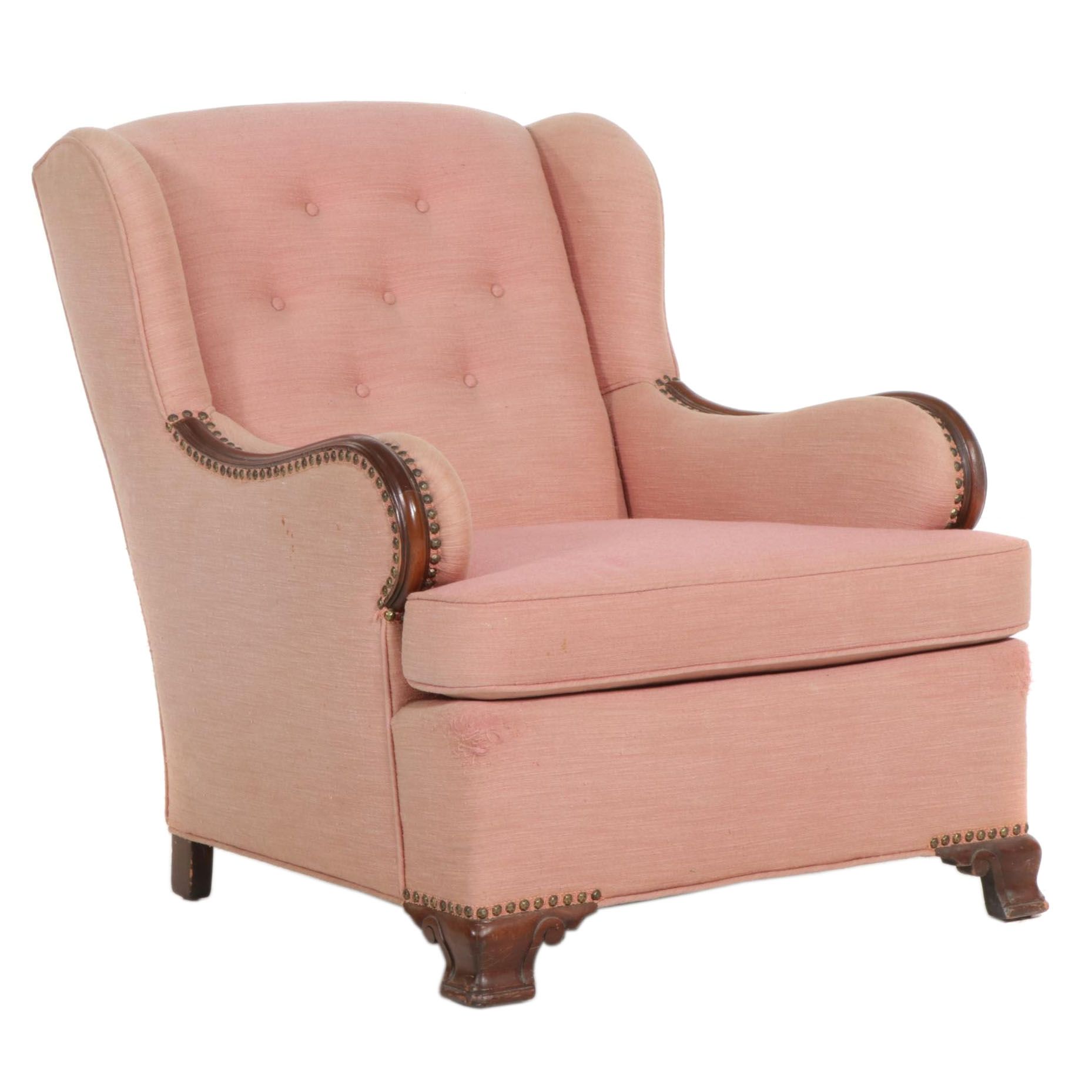 Tufted and Brass-Tacked Pink Fabric Upholstered Wingback Chair, 20th C ...