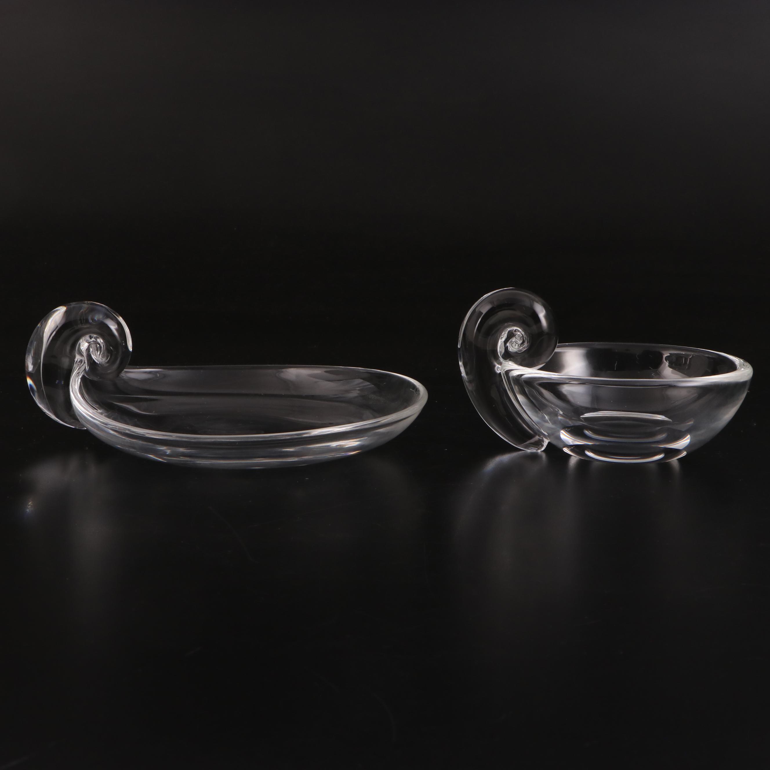 Steuben Art Glass Scroll-Footed Bowl with Scroll Handle Dishes | EBTH