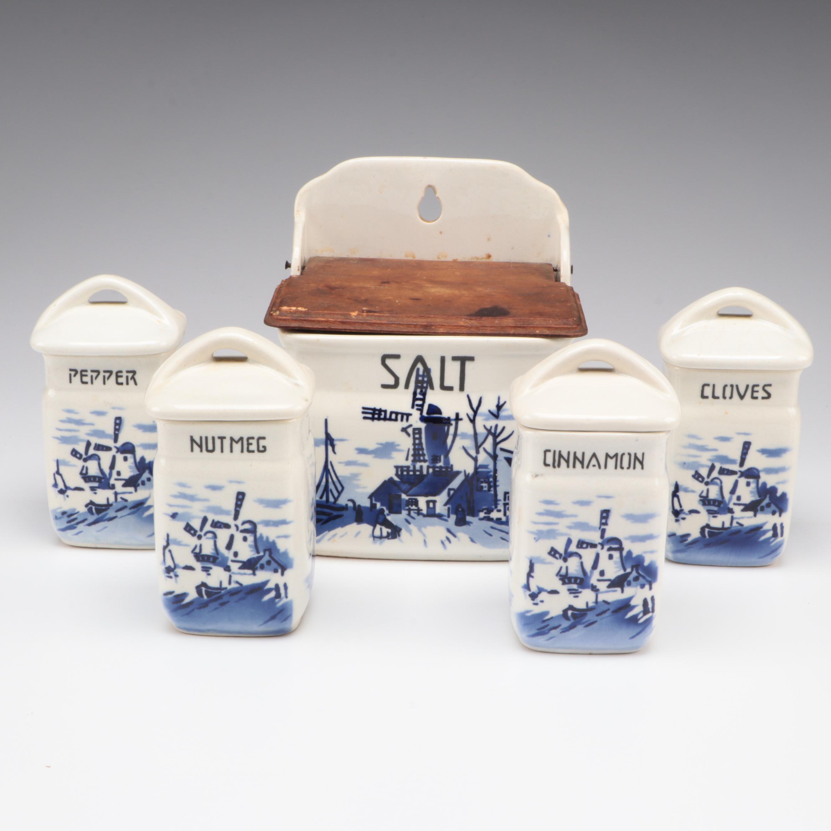 Czechoslovakian Delft Style Ceramic Salt Box and Spice Canisters | EBTH