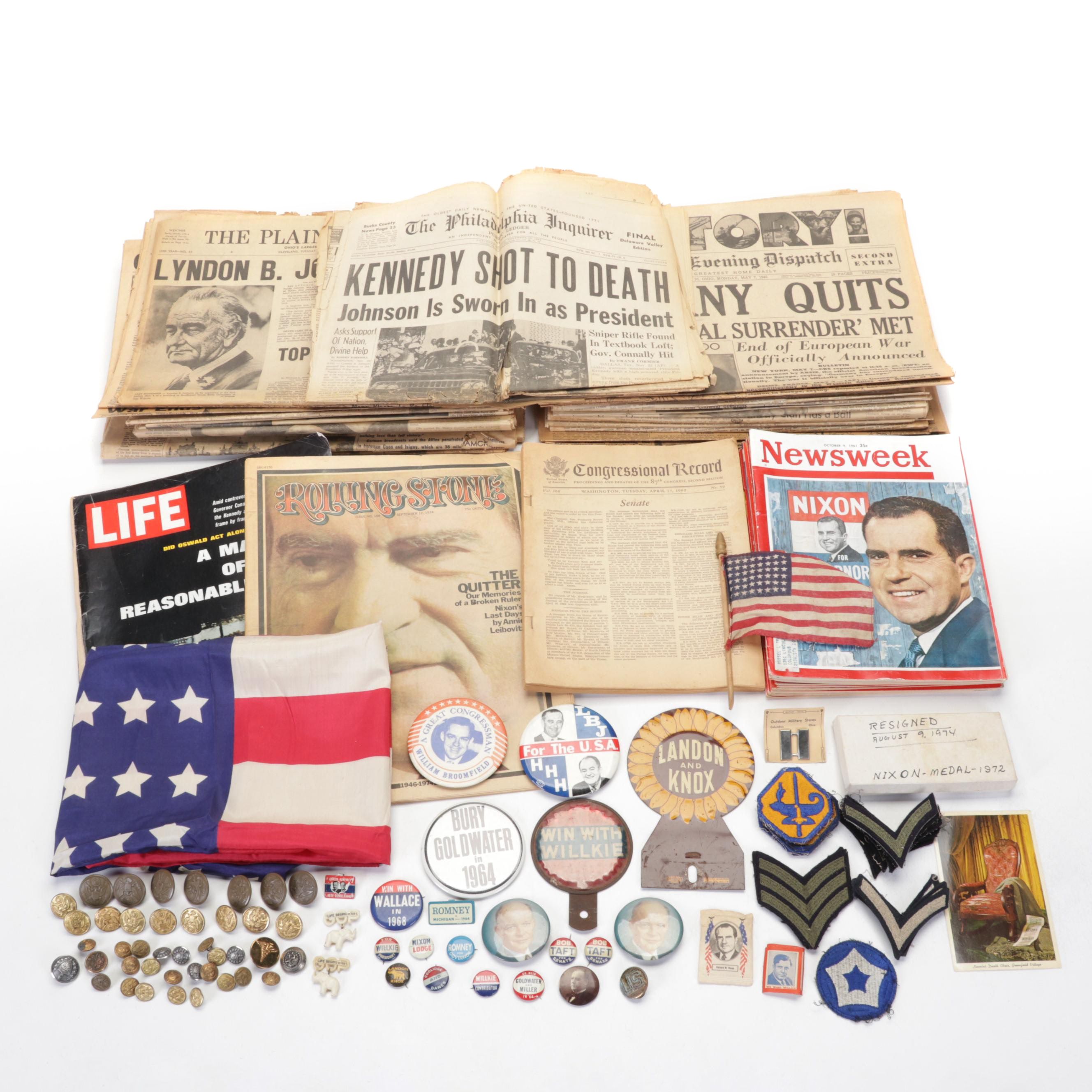 Political and Historical Memorabilia Including Magazines, Buttons, and ...