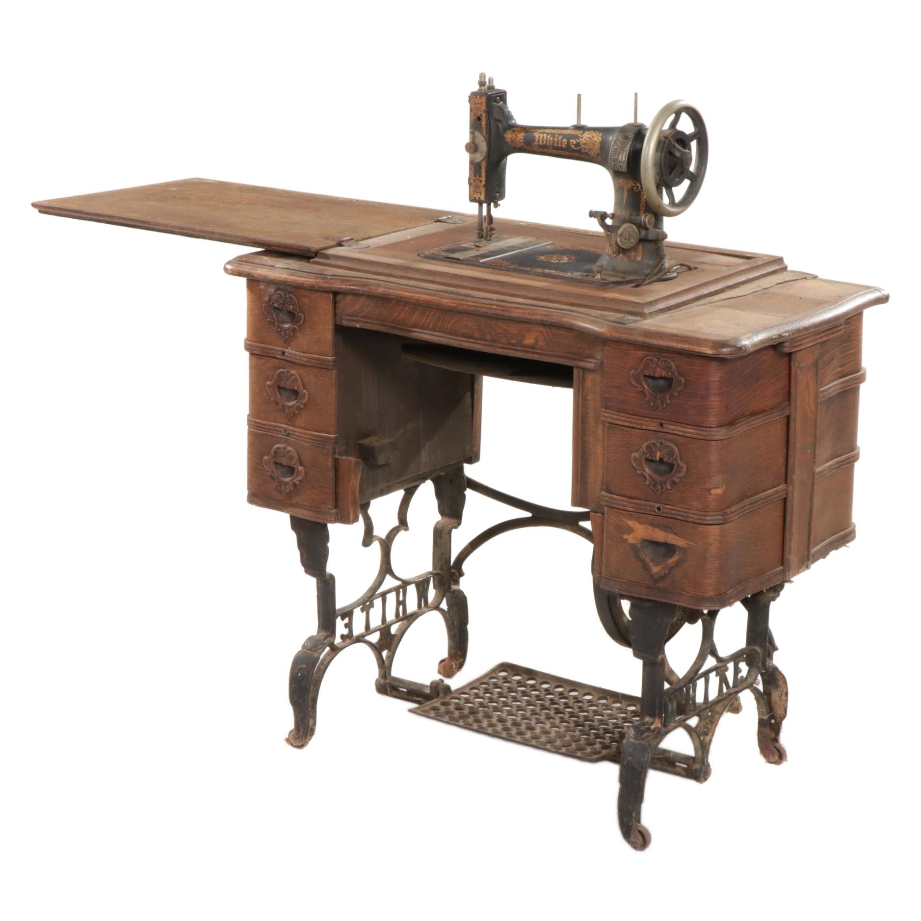 White Treadle Sewing Machine in Oak Cabinet, Late 19th to Early 20th ...