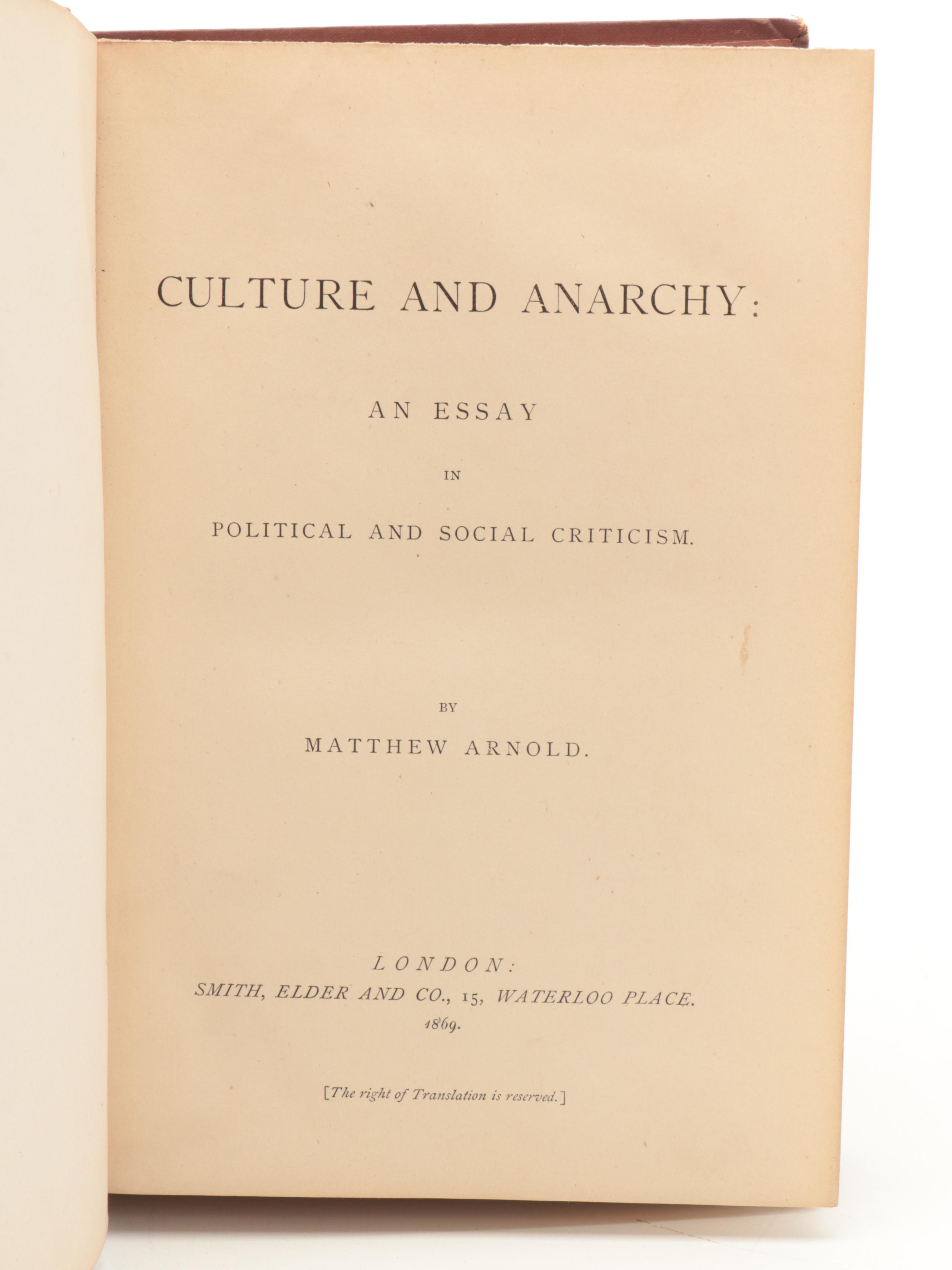 First Edition "Culture and Anarchy" by Matthew Arnold, 1869 | EBTH