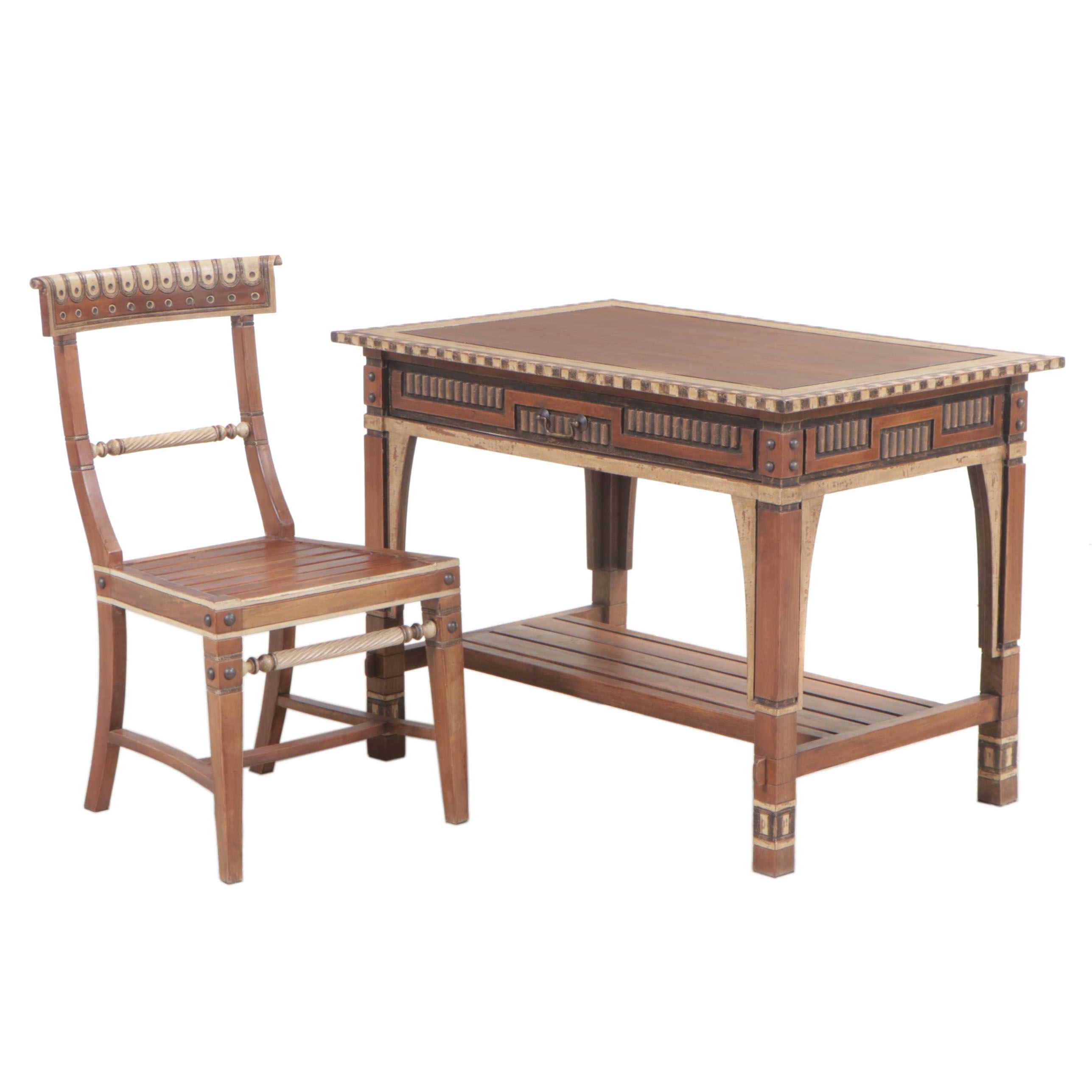 Hardwood and Paint-Decorated Writing Table and Side Chair | EBTH