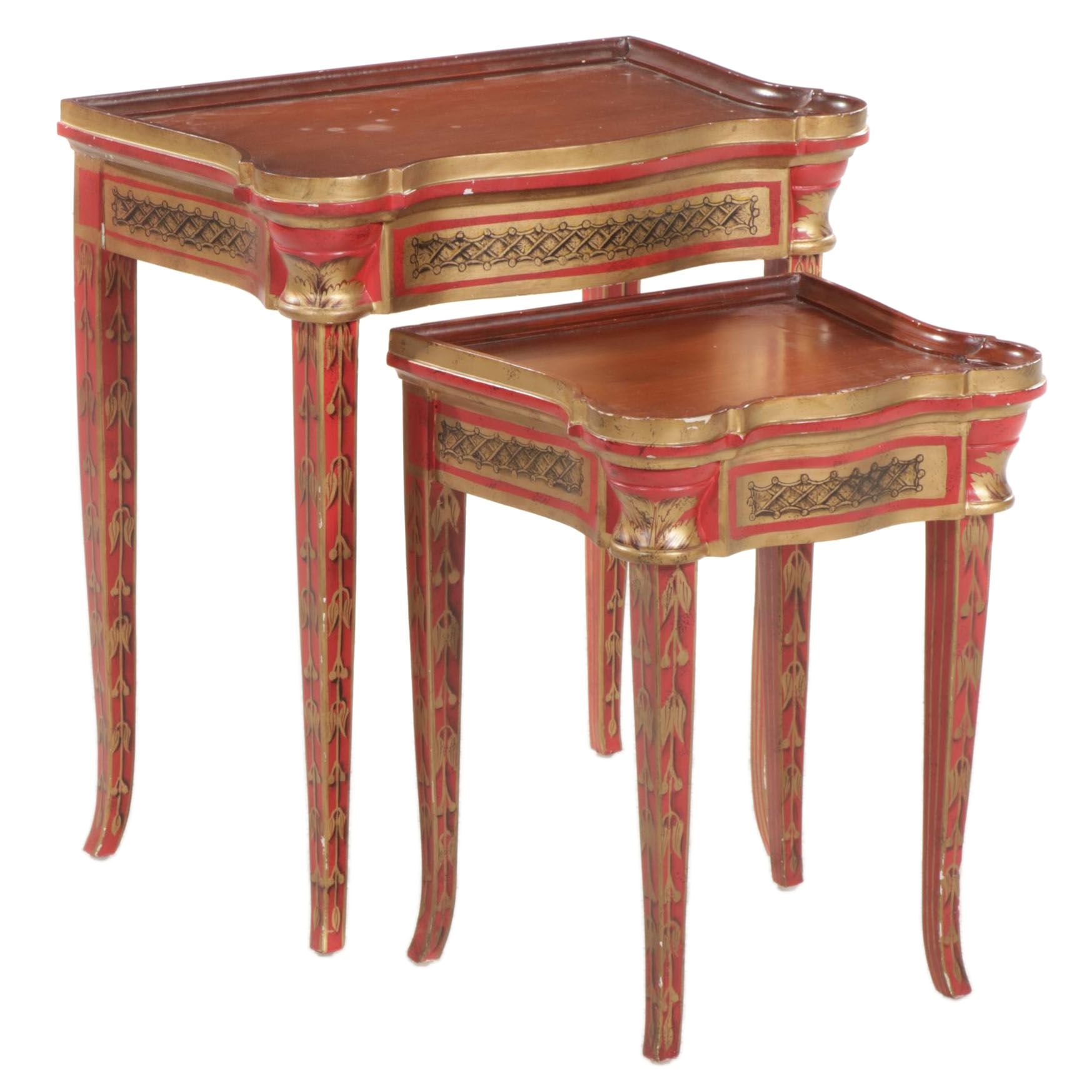 Two Venetian Style Red-Painted and Gilt-Decorated Graduated Side Tables ...