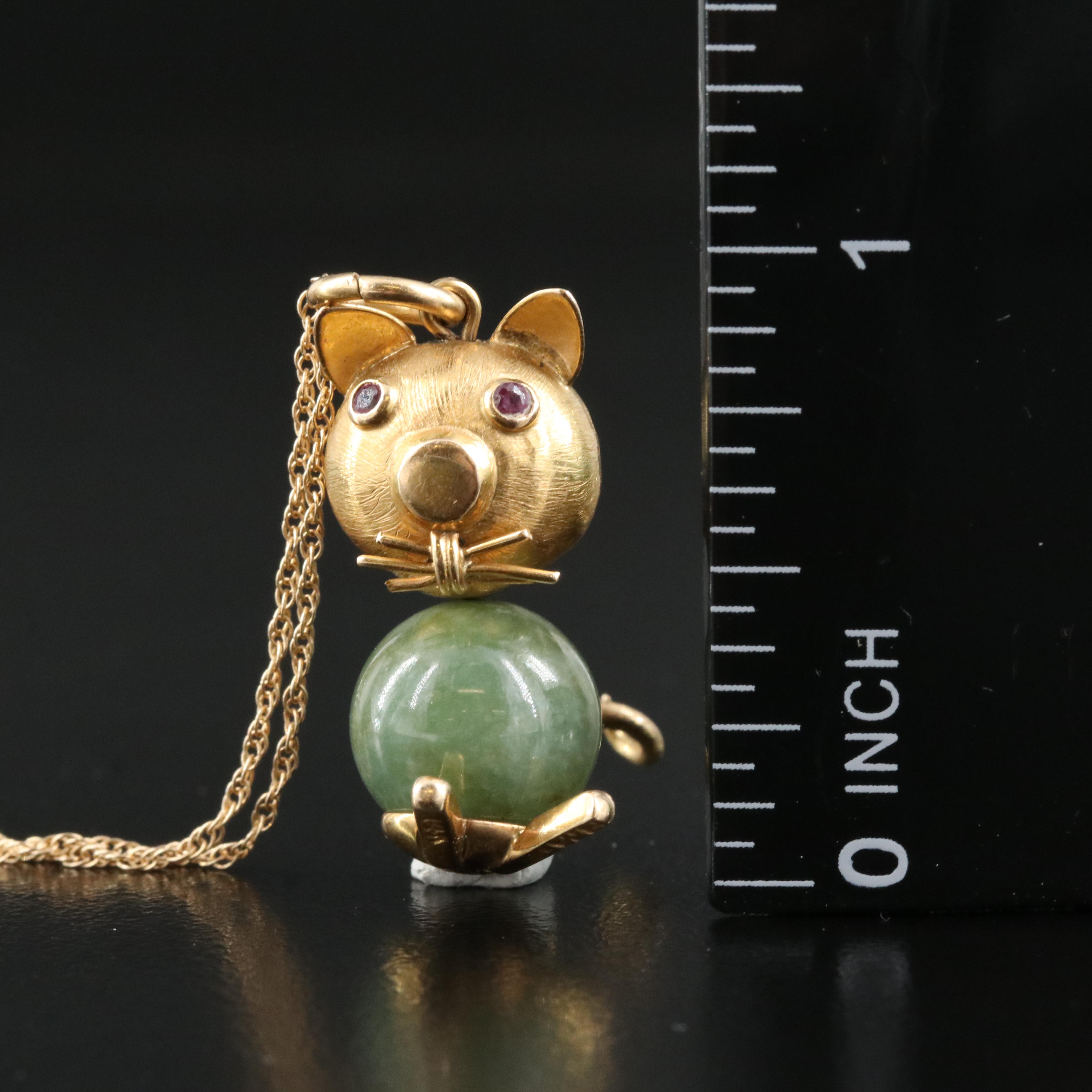 Vintage 14K Jadeite and Ruby Mouse Pendant Necklace | EBTH