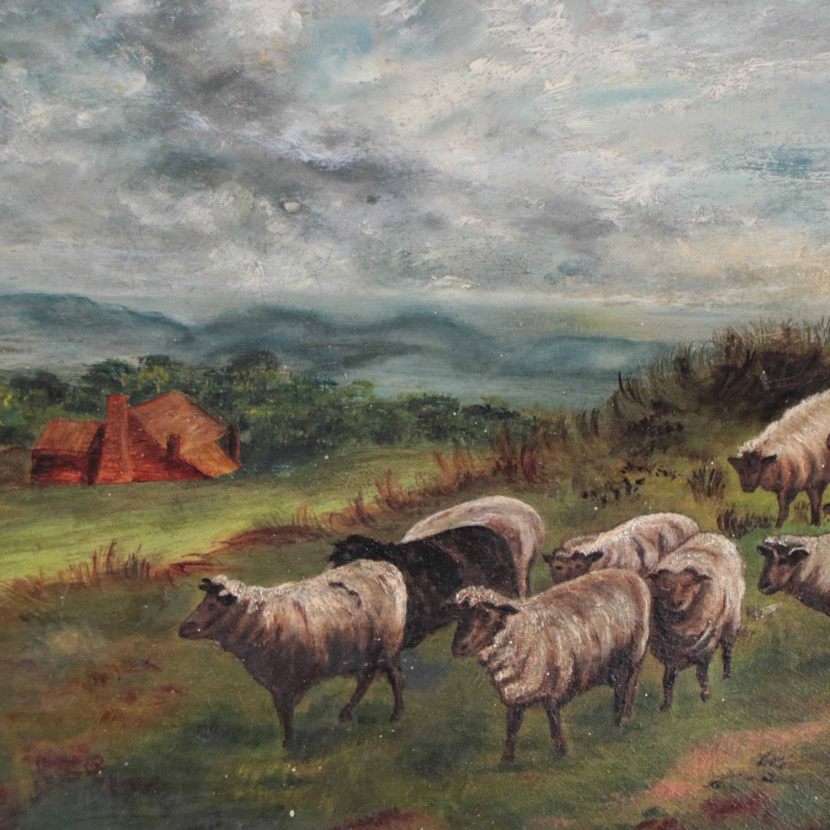 Pastoral Landscape Oil Painting of Shepherd Herding Sheep, Circa 1890 ...