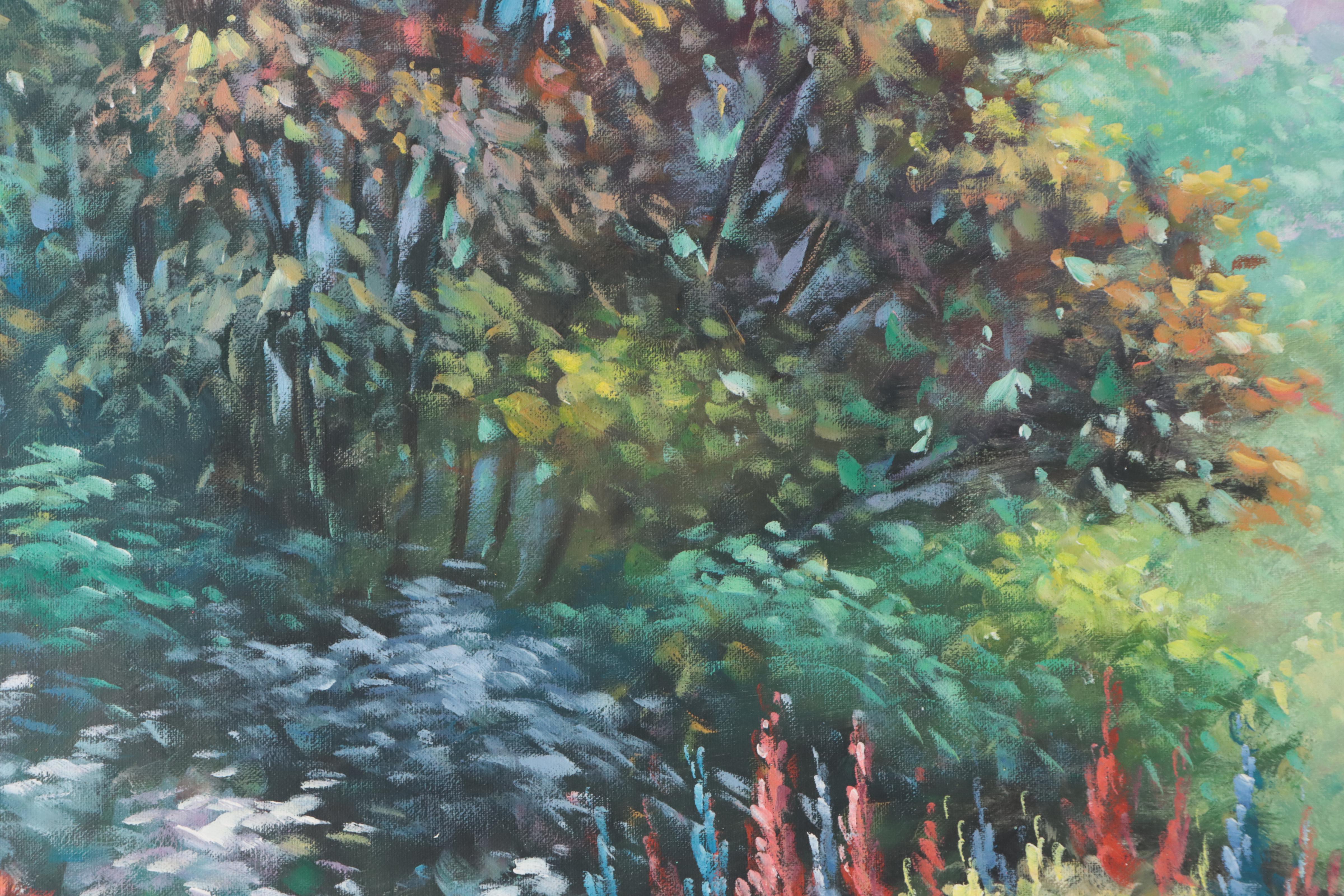 W. James Impressionist Style Acrylic Painting of Lush Garden With ...