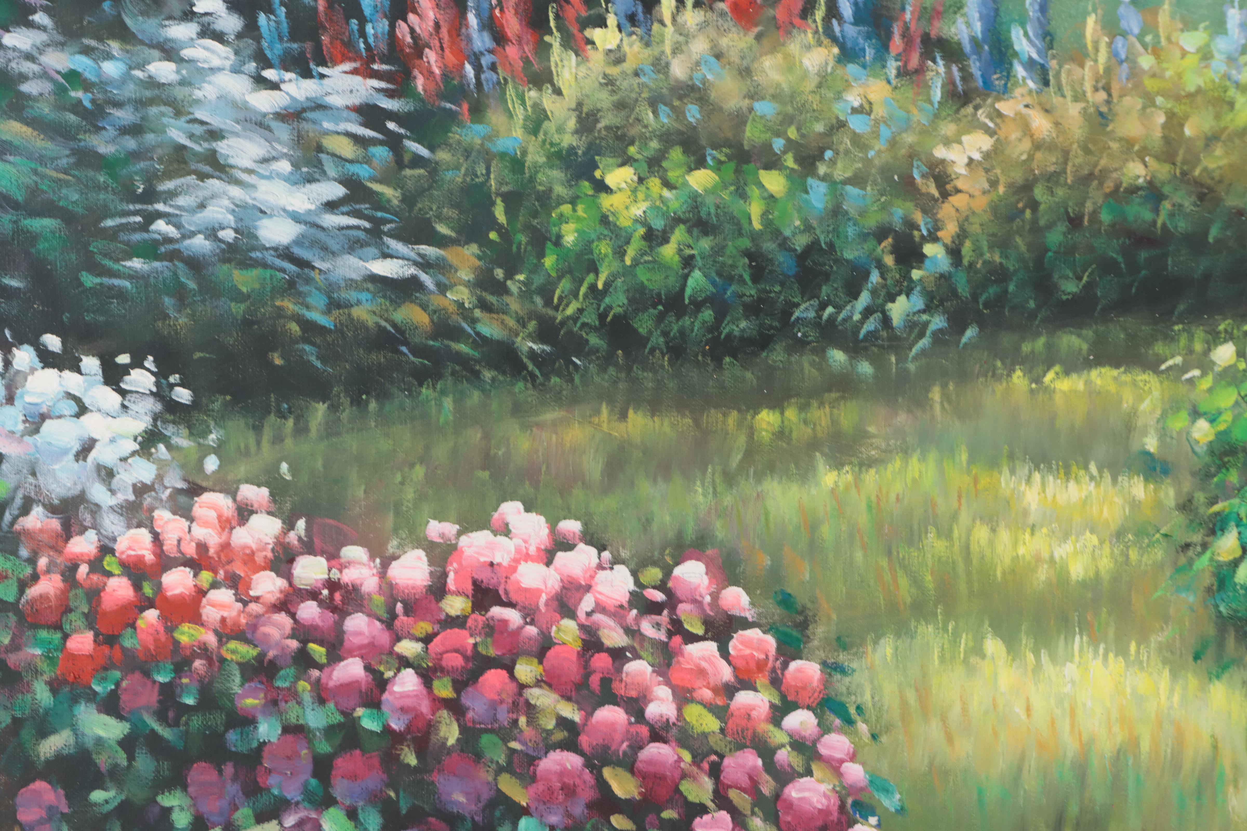 W. James Impressionist Style Acrylic Painting of Lush Garden With ...