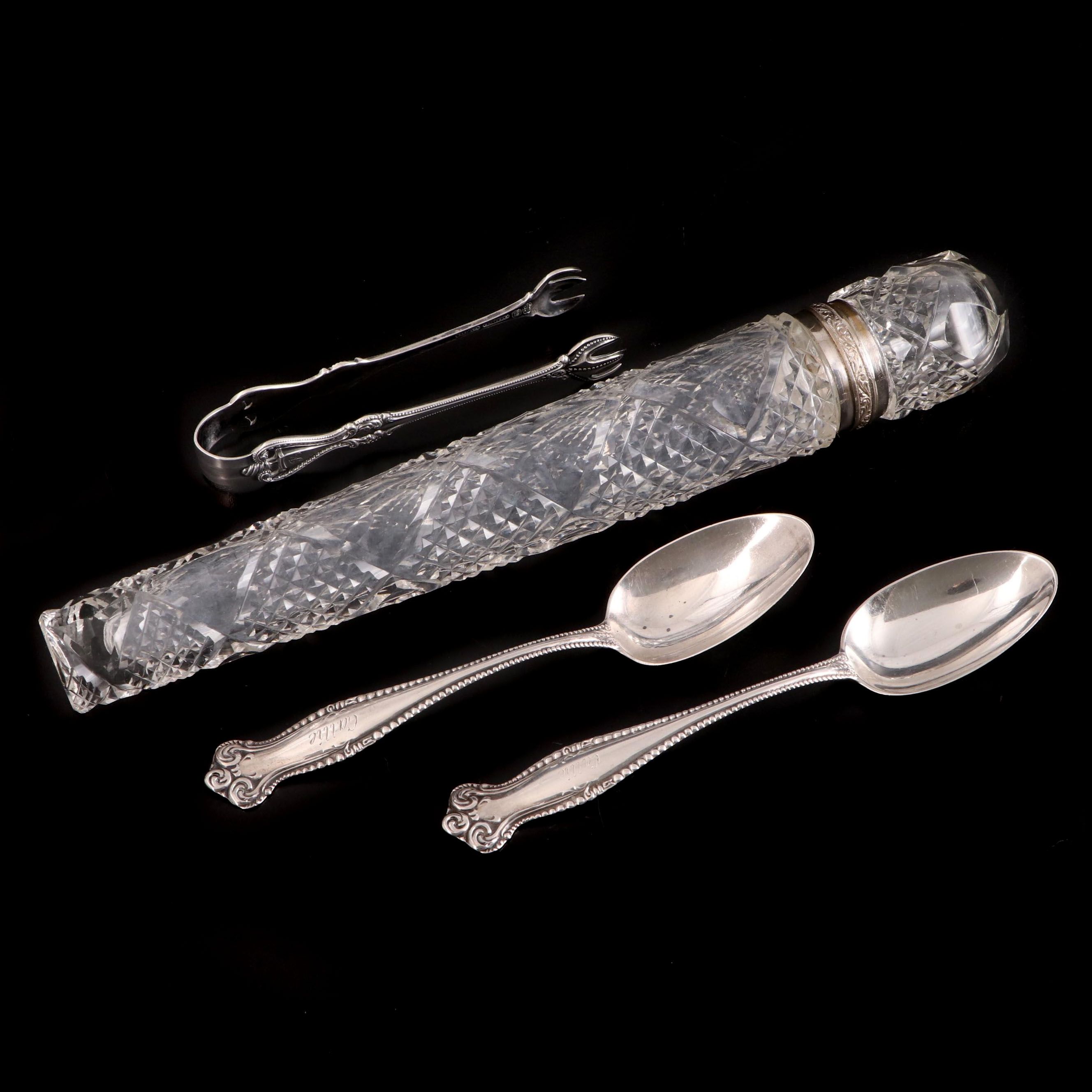 Towle Sterling Silver Sugar Tongs and Spoons with Cut Glass Scent Vial ...