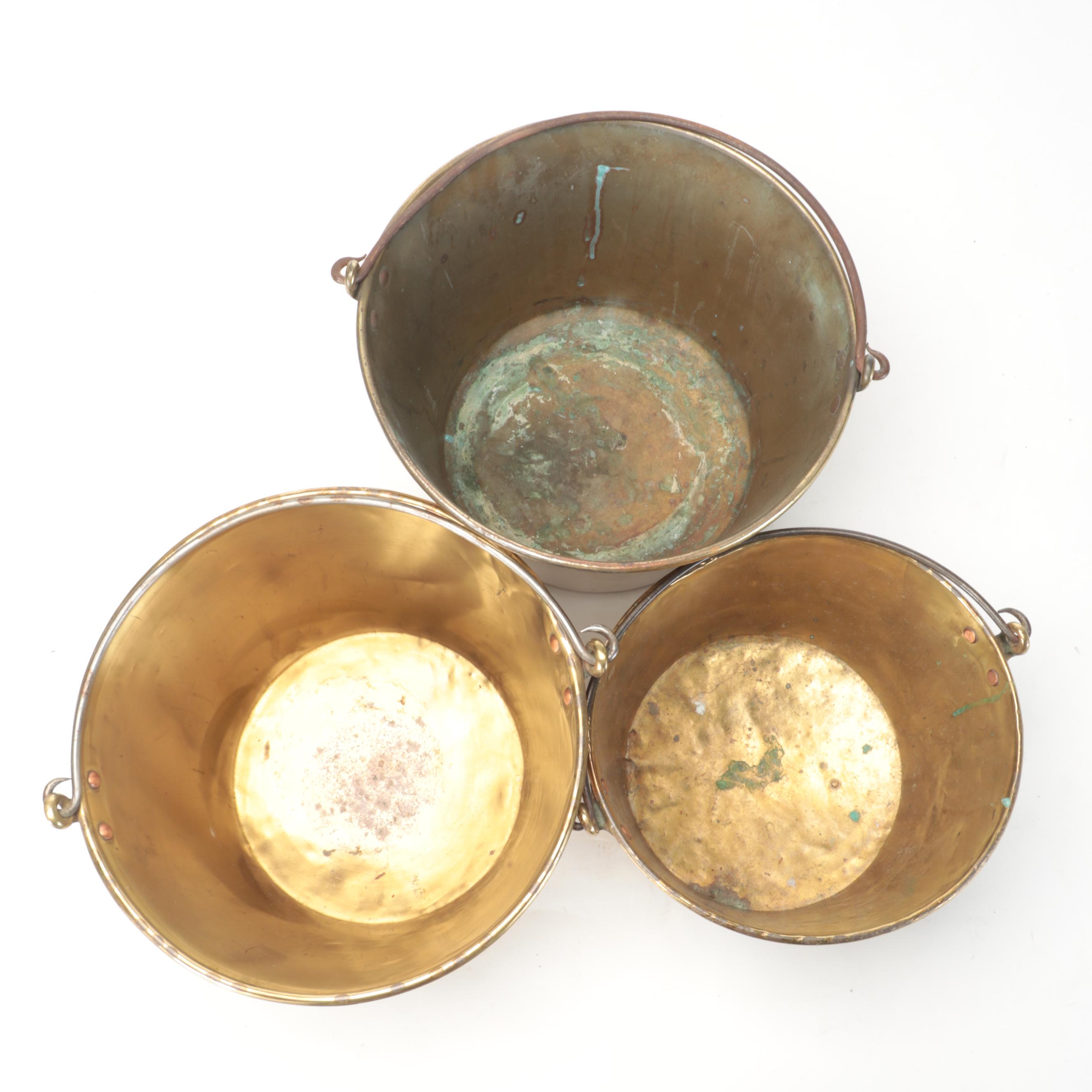 Federal Style Brass Buckets with Bail Handles and Fire Tongs | EBTH