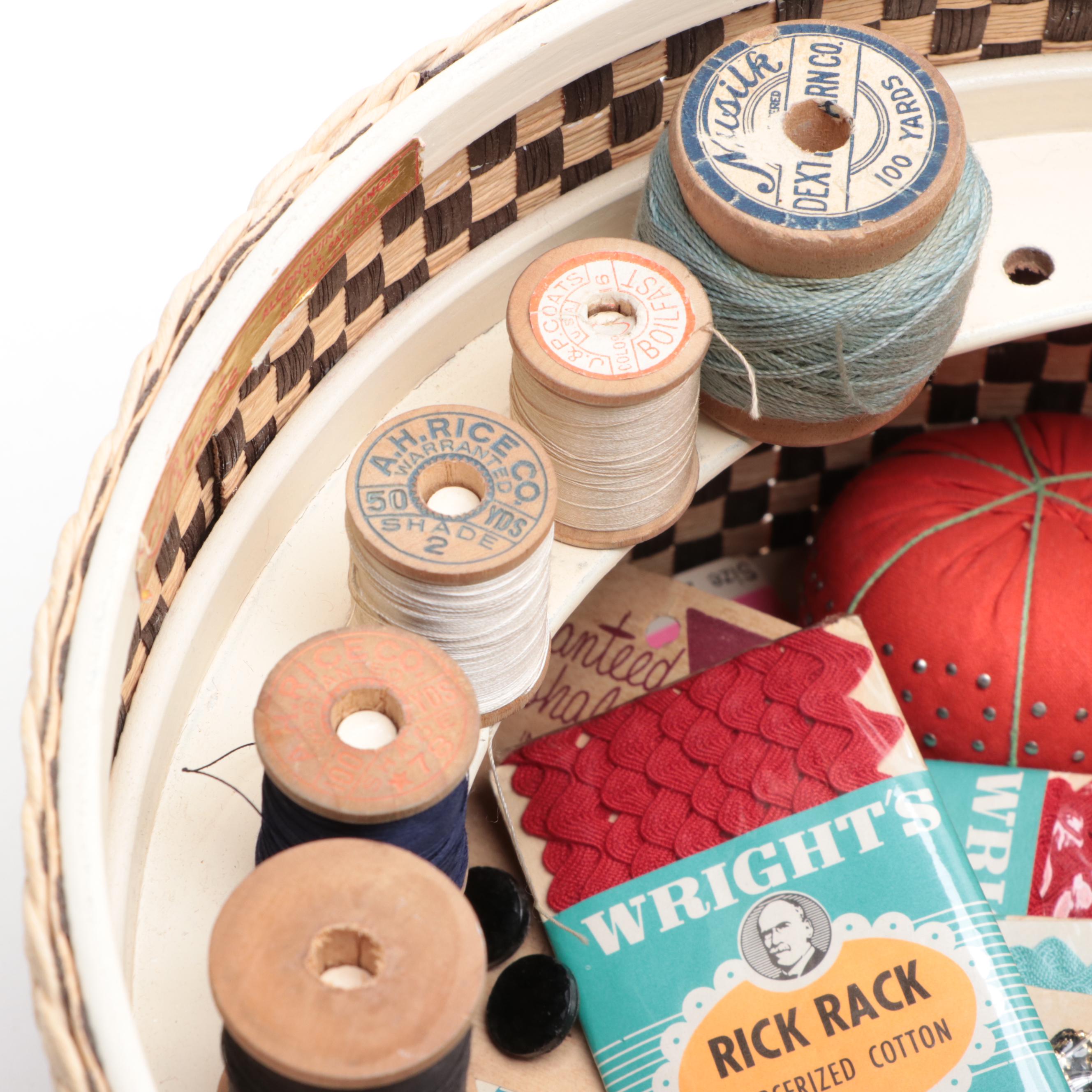 Paper Raffia Weave Sewing Caddy with Sewing Supplies and Notions | EBTH