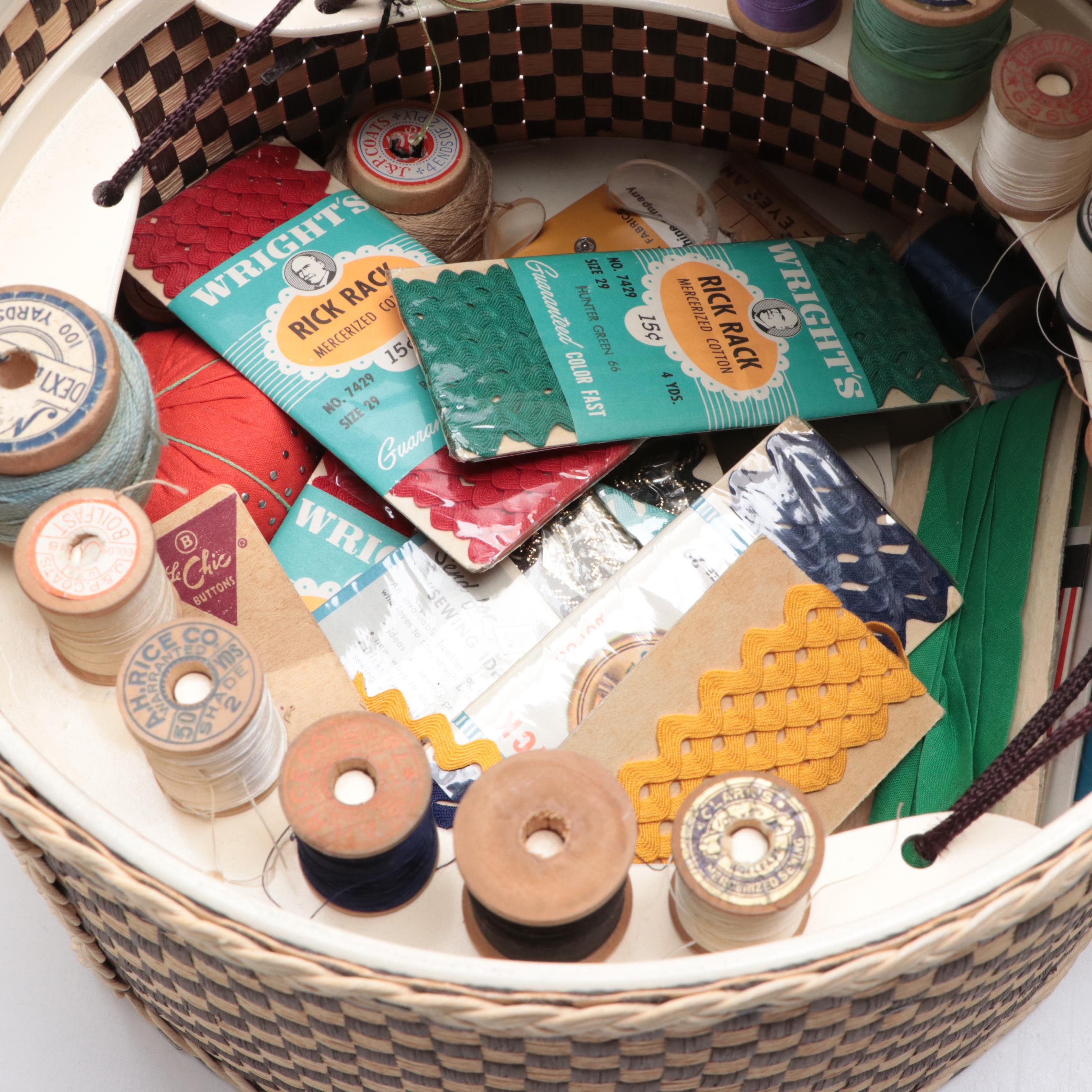 Paper Raffia Weave Sewing Caddy with Sewing Supplies and Notions | EBTH