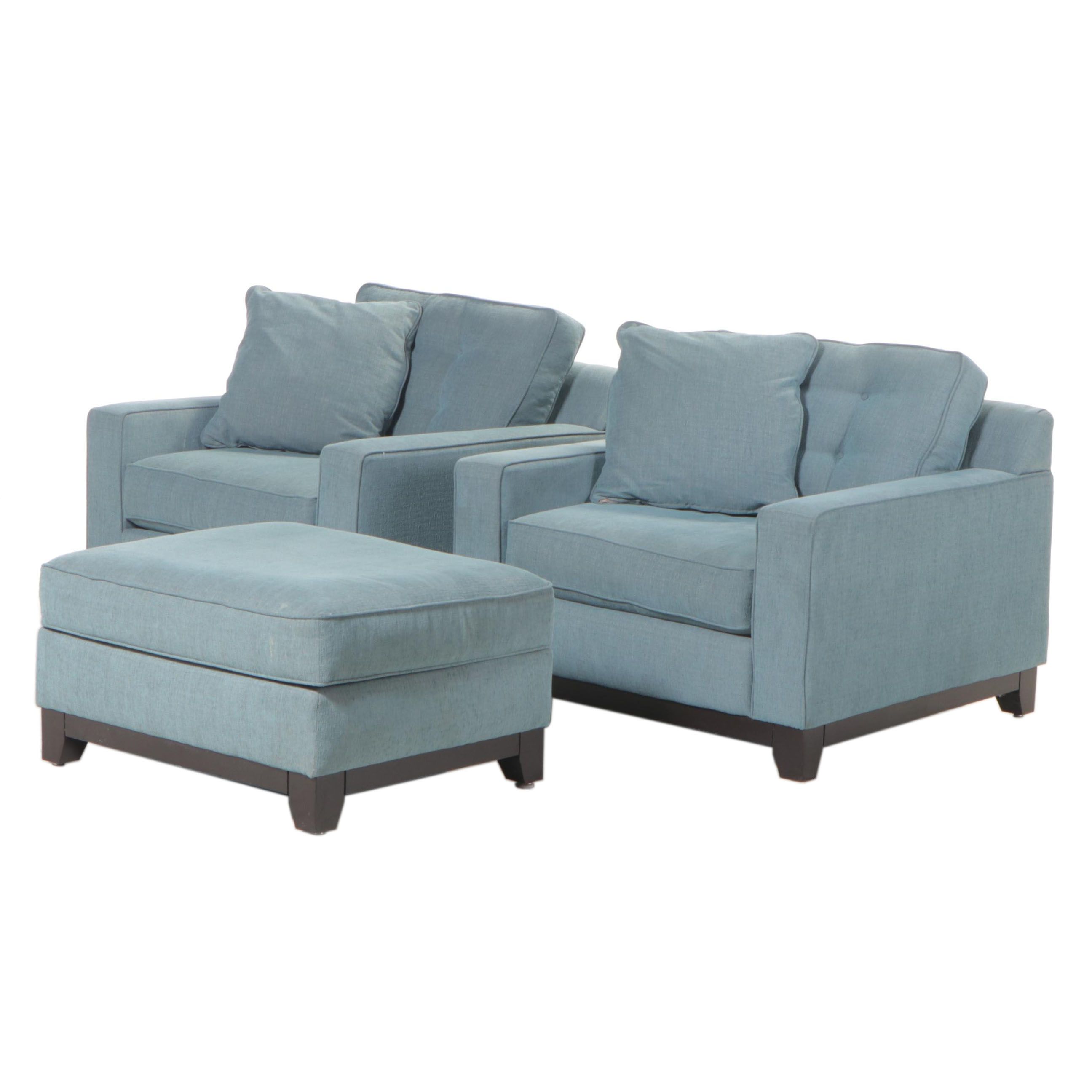Pair of Jonathan Louis Custom-Upholstered Easy Armchairs with Ottoman ...