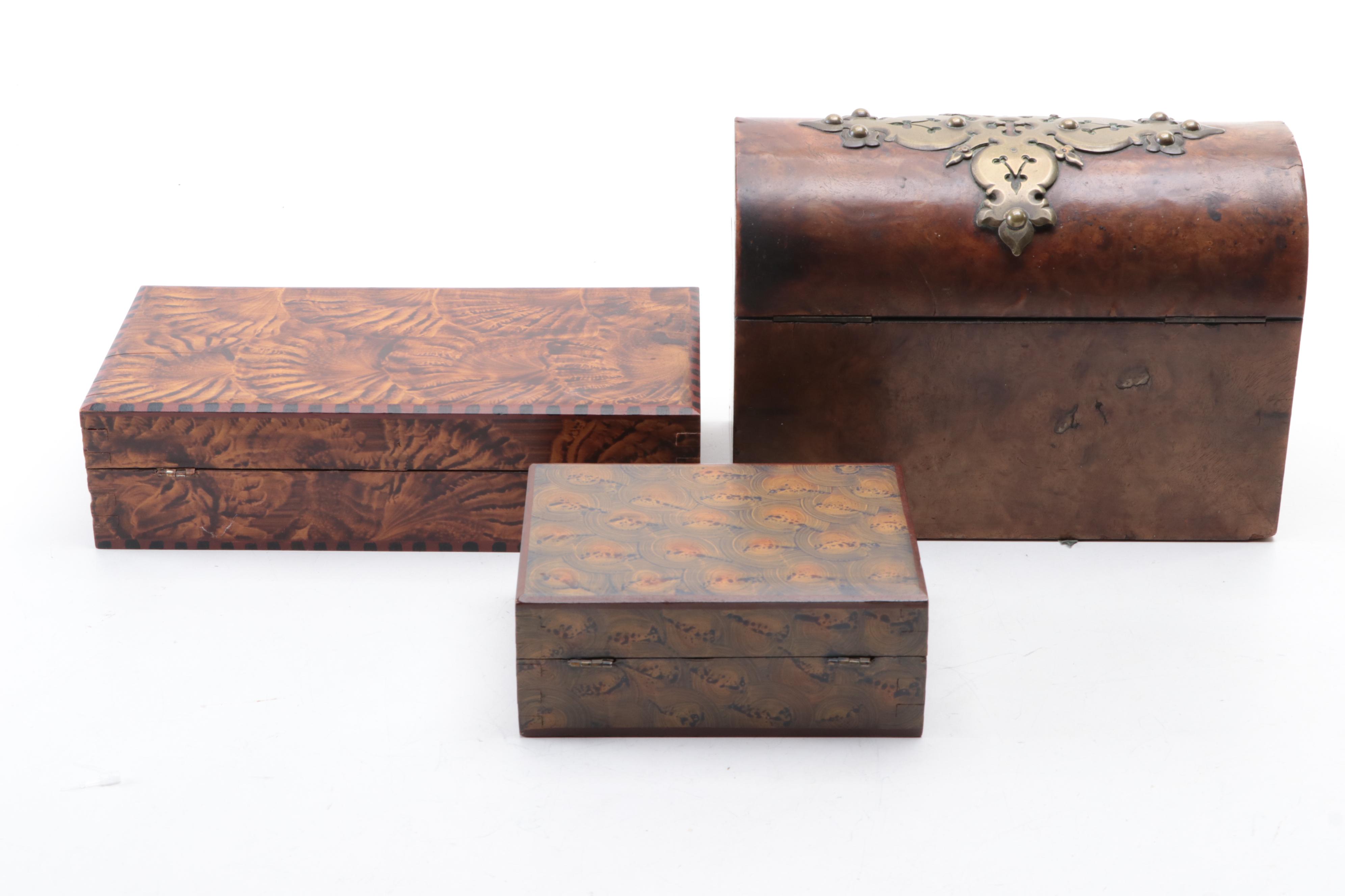 Fancy Wood Grained Boxes by C. F. Hopf with English Burl Letterbox | EBTH