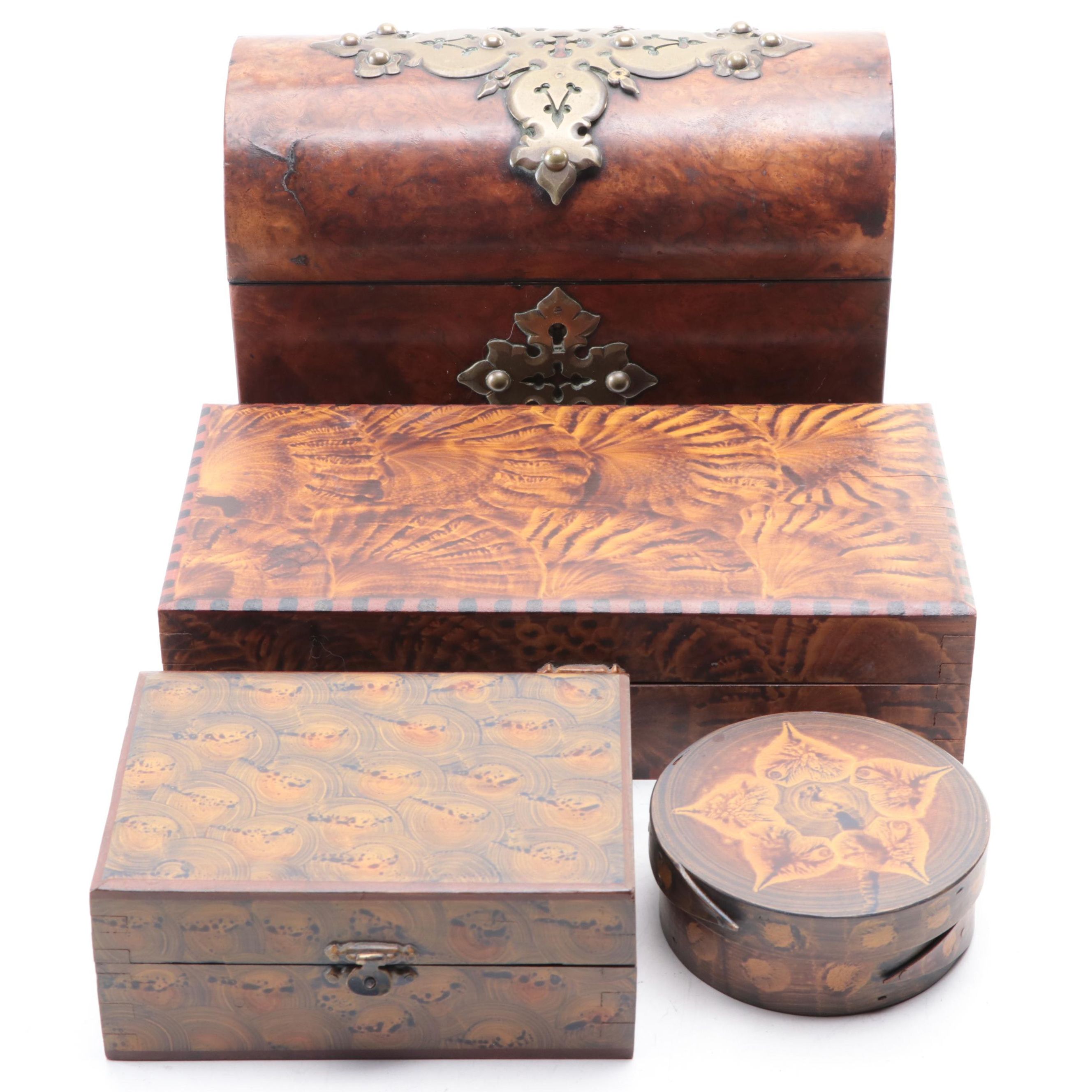 Fancy Wood Grained Boxes by C. F. Hopf with English Burl Letterbox | EBTH