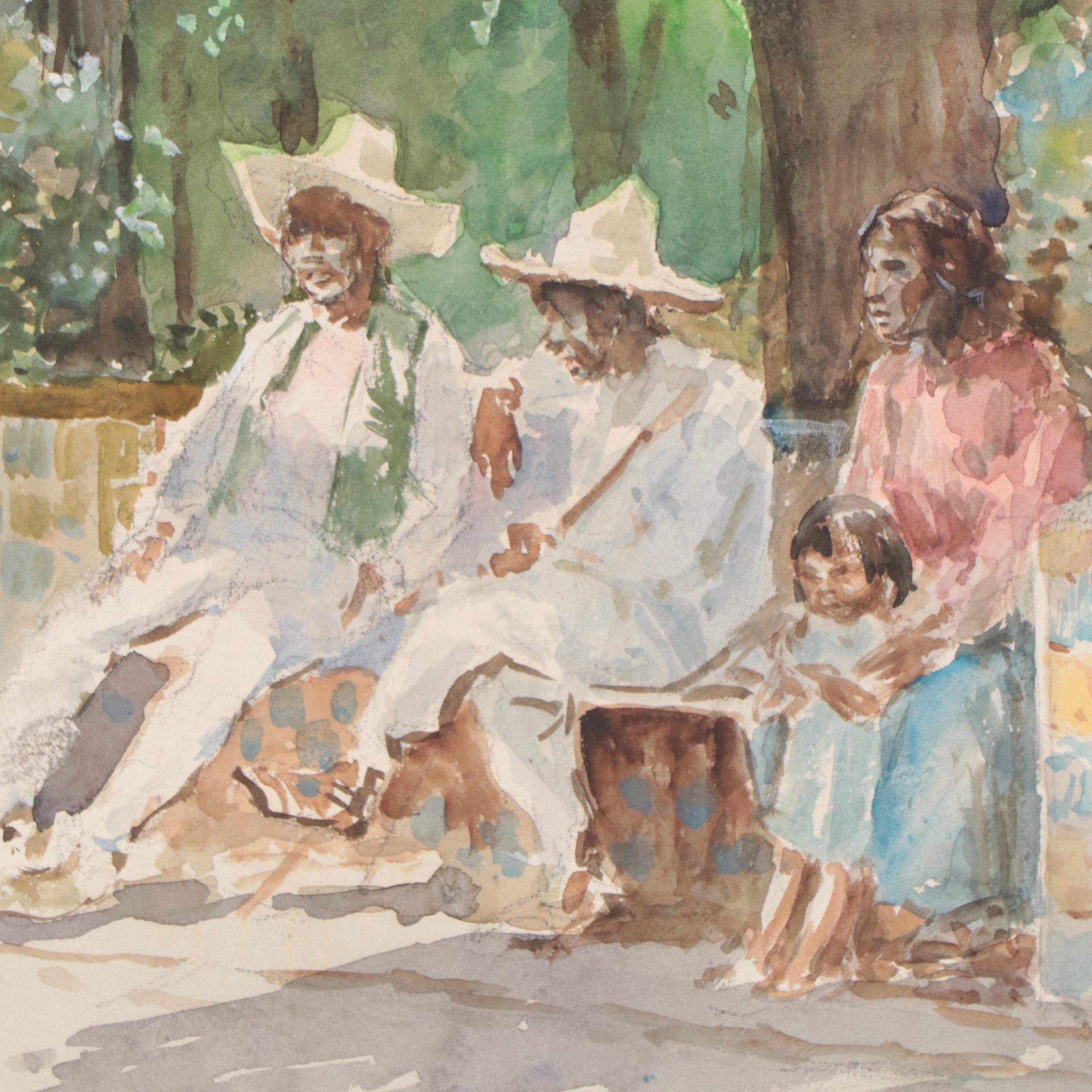 Paul Ashbrook Watercolor Painting of Figures On Park Bench "The Alameda ...