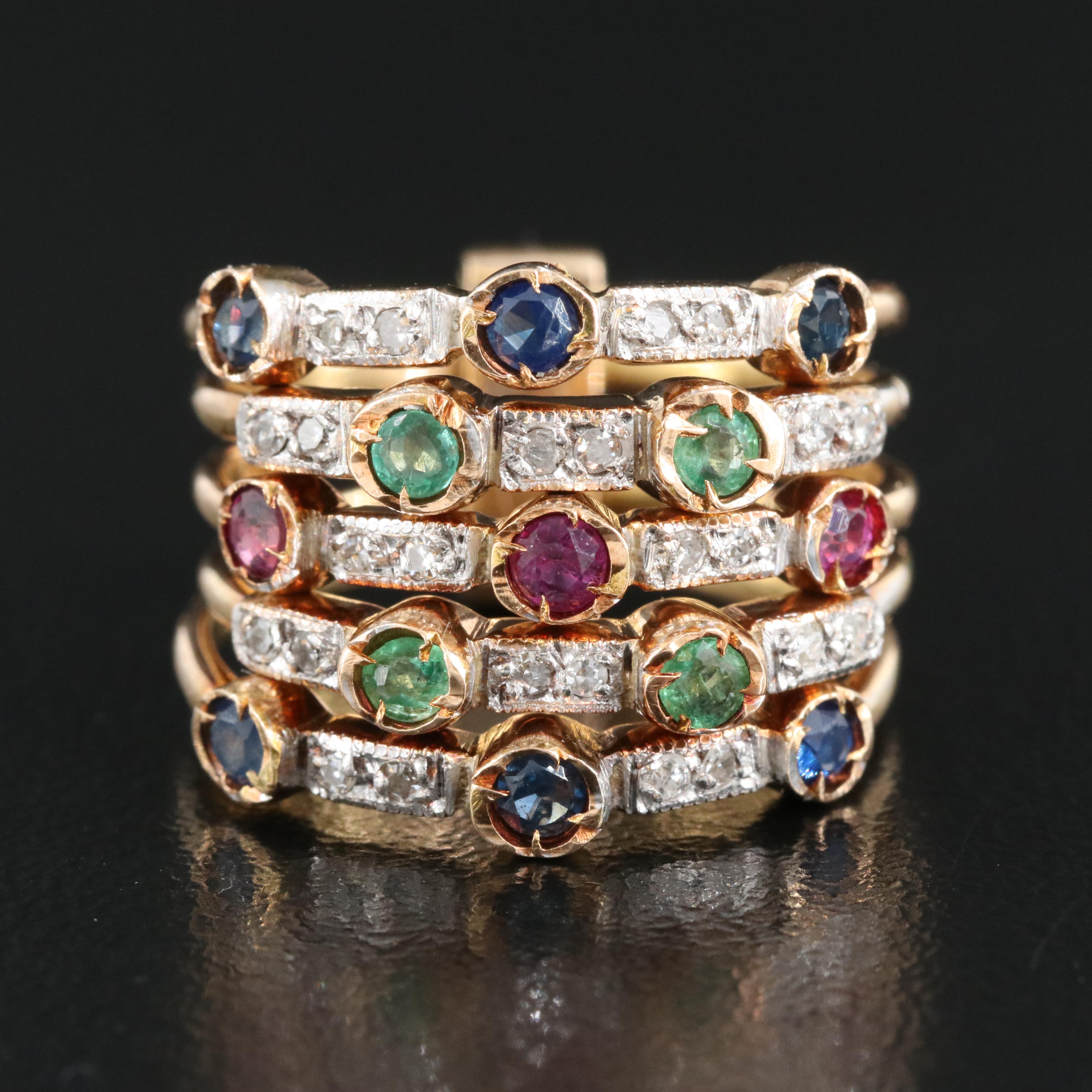 14K Sapphire, Ruby, Emerald and Diamond Connected Stacking Rings | EBTH