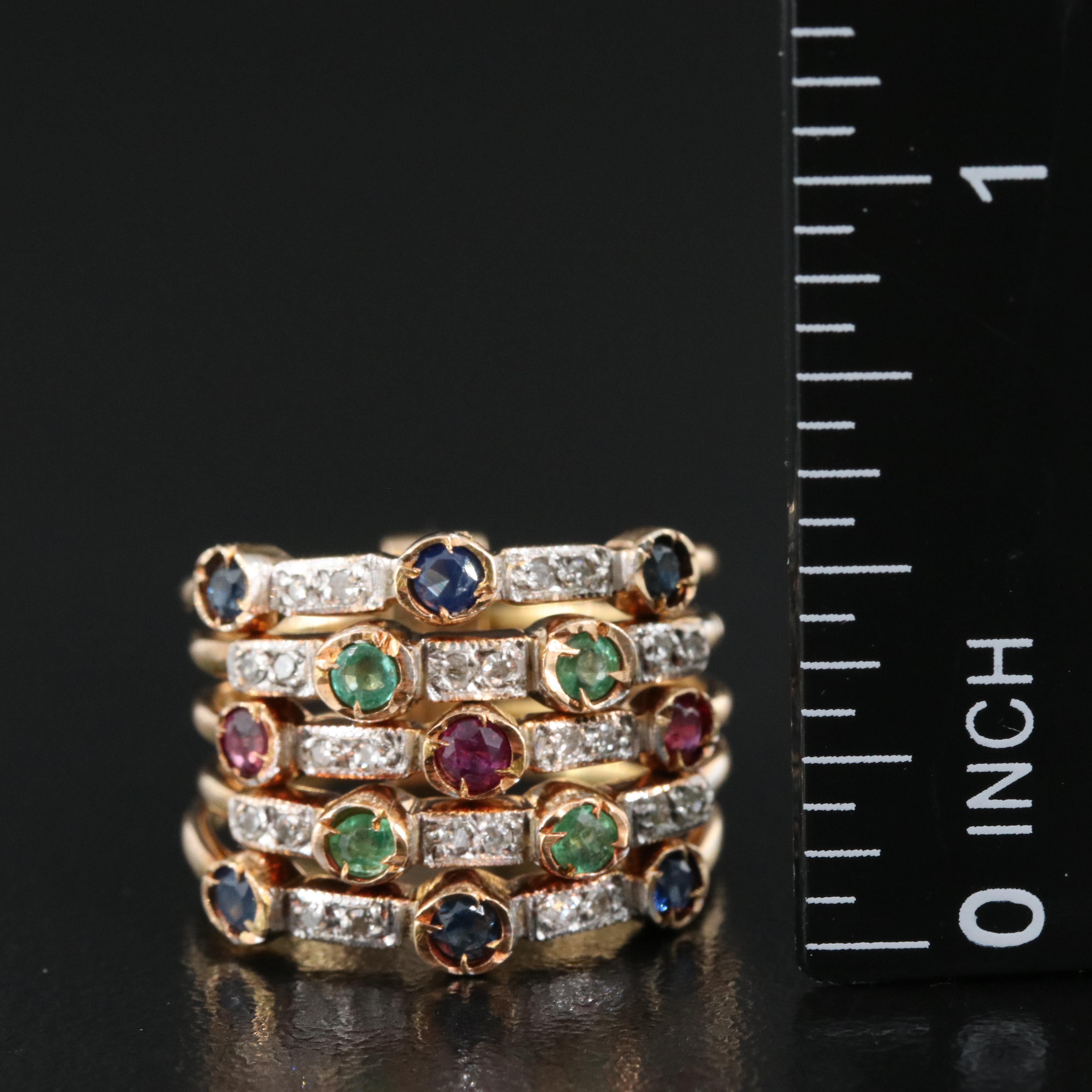14K Sapphire, Ruby, Emerald and Diamond Connected Stacking Rings | EBTH