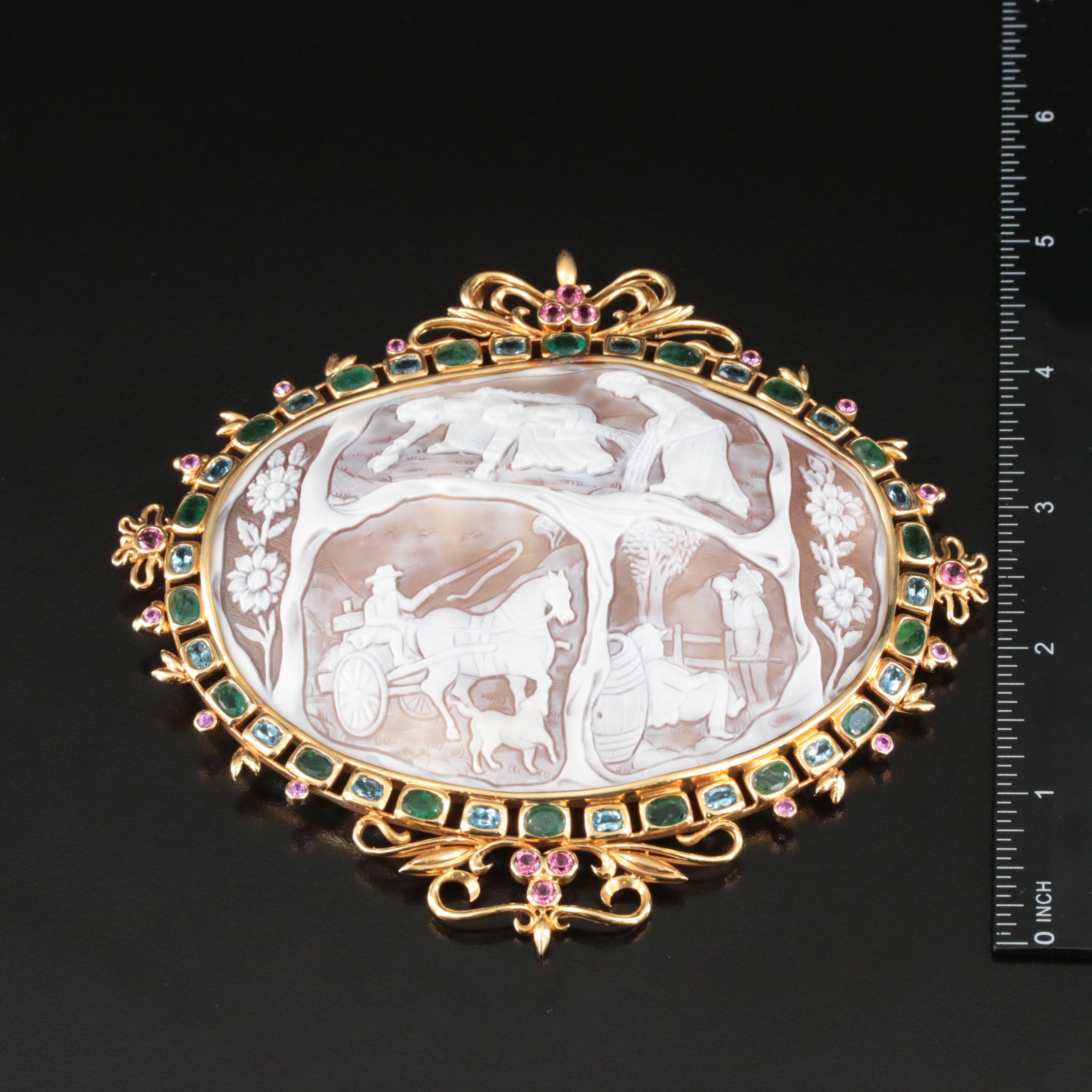 18K Large Scale Cameo Brooch with Gemstone Framing Featuring Harvest ...